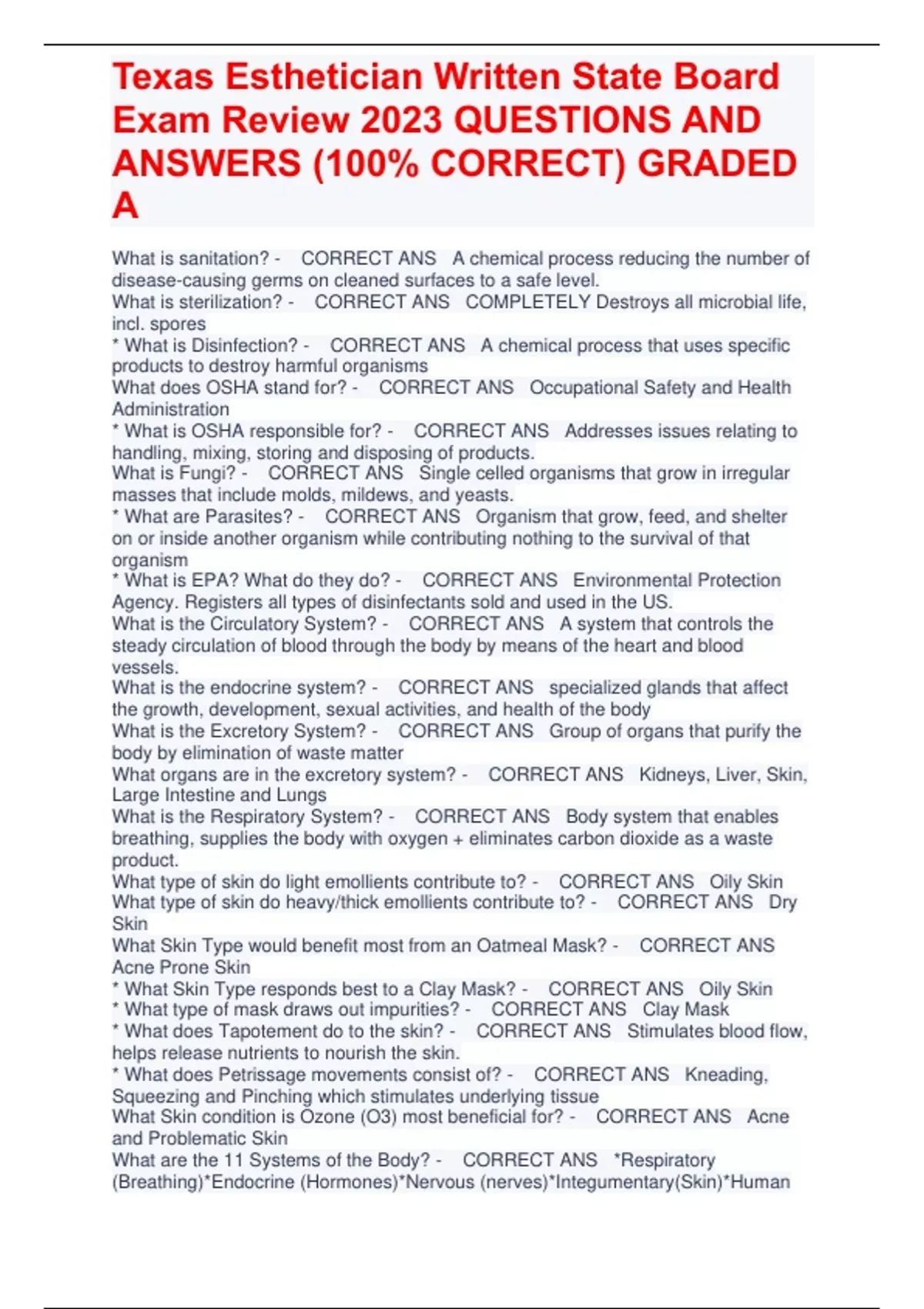 Texas Esthetician Written State Board Exam Review 2023 QUESTIONS AND ...