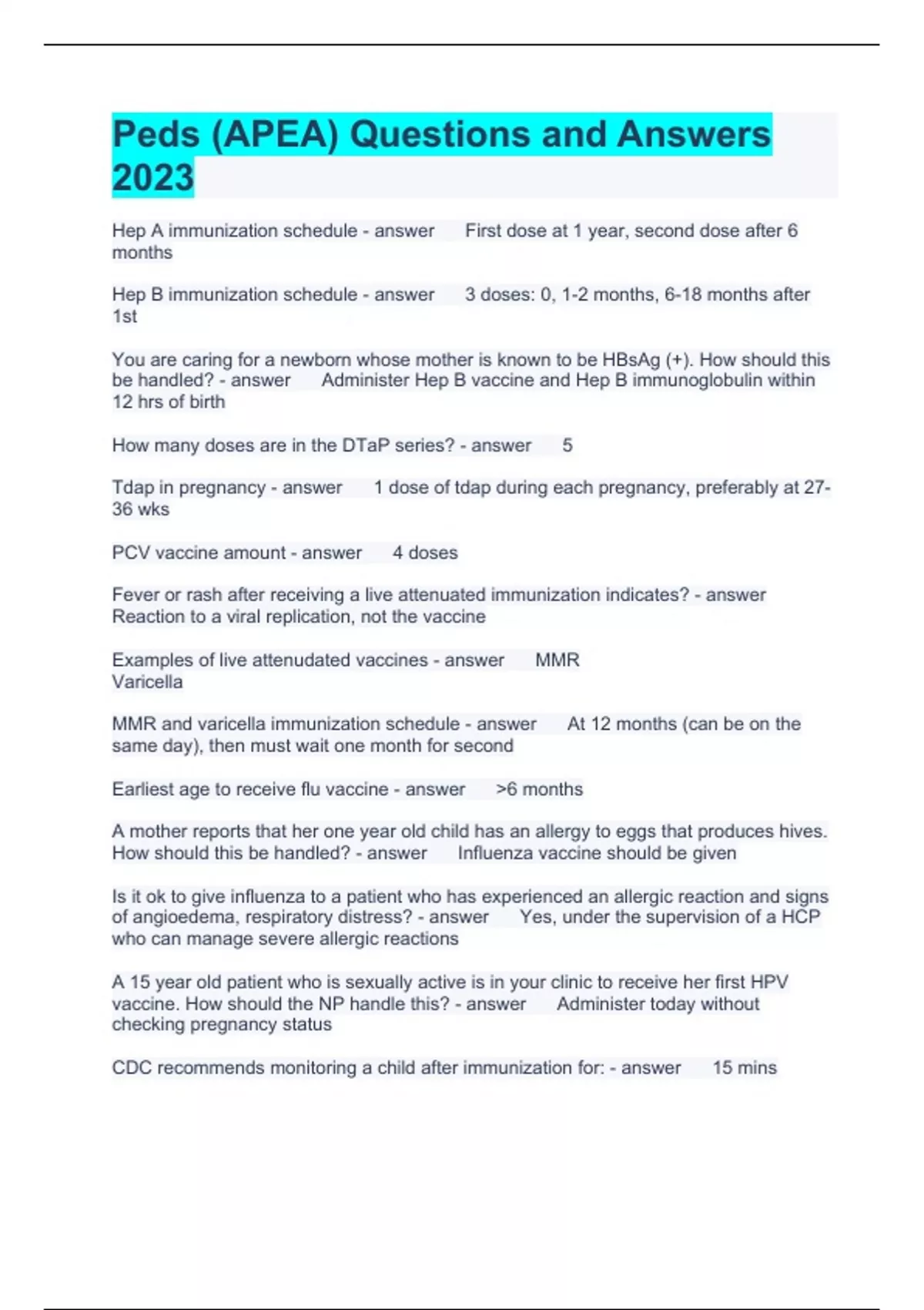 Peds (APEA) Questions and Answers 2023 - Apea - Stuvia US