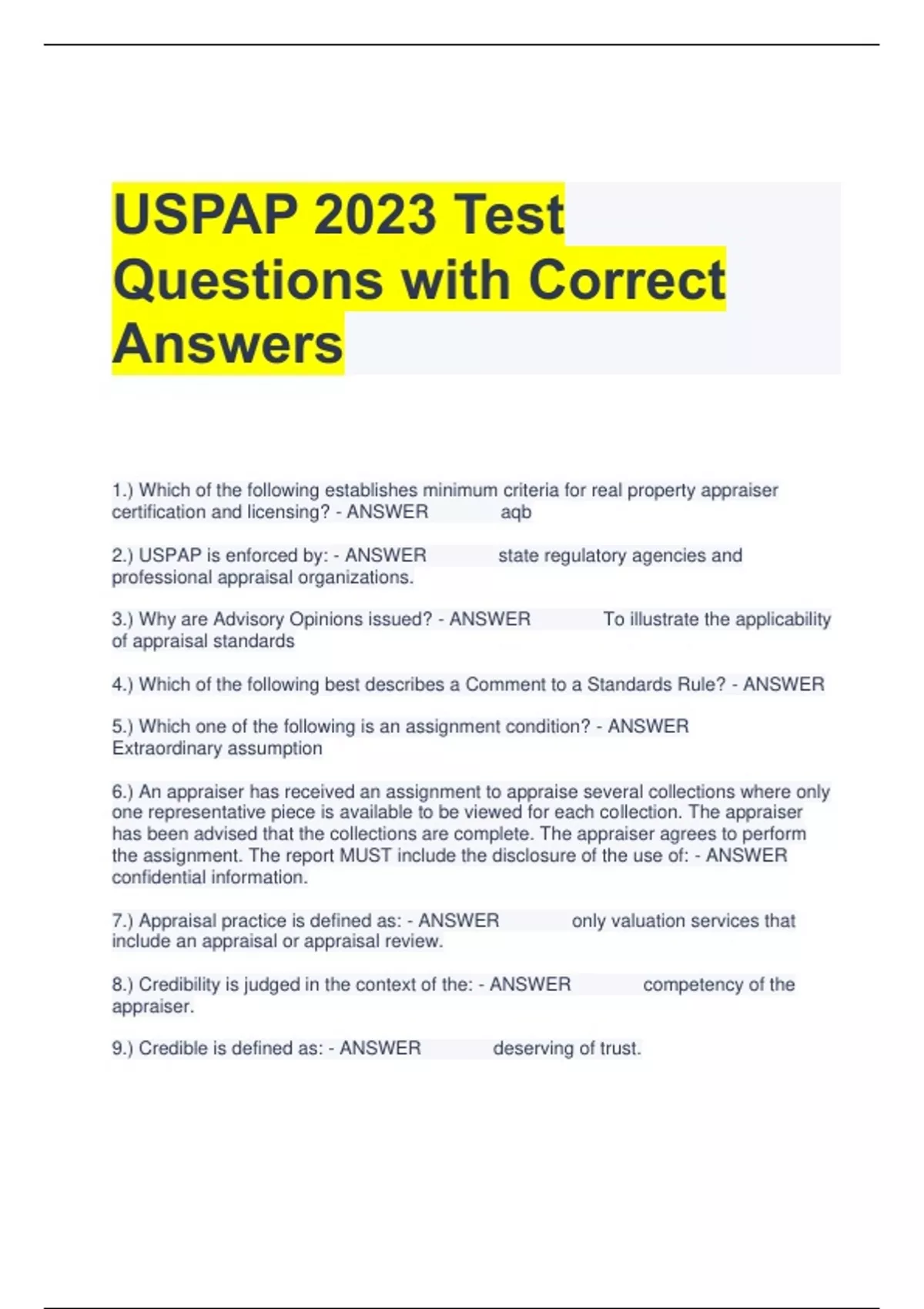 USPAP 2023 Test Questions with Correct Answers - USPAP - Stuvia US