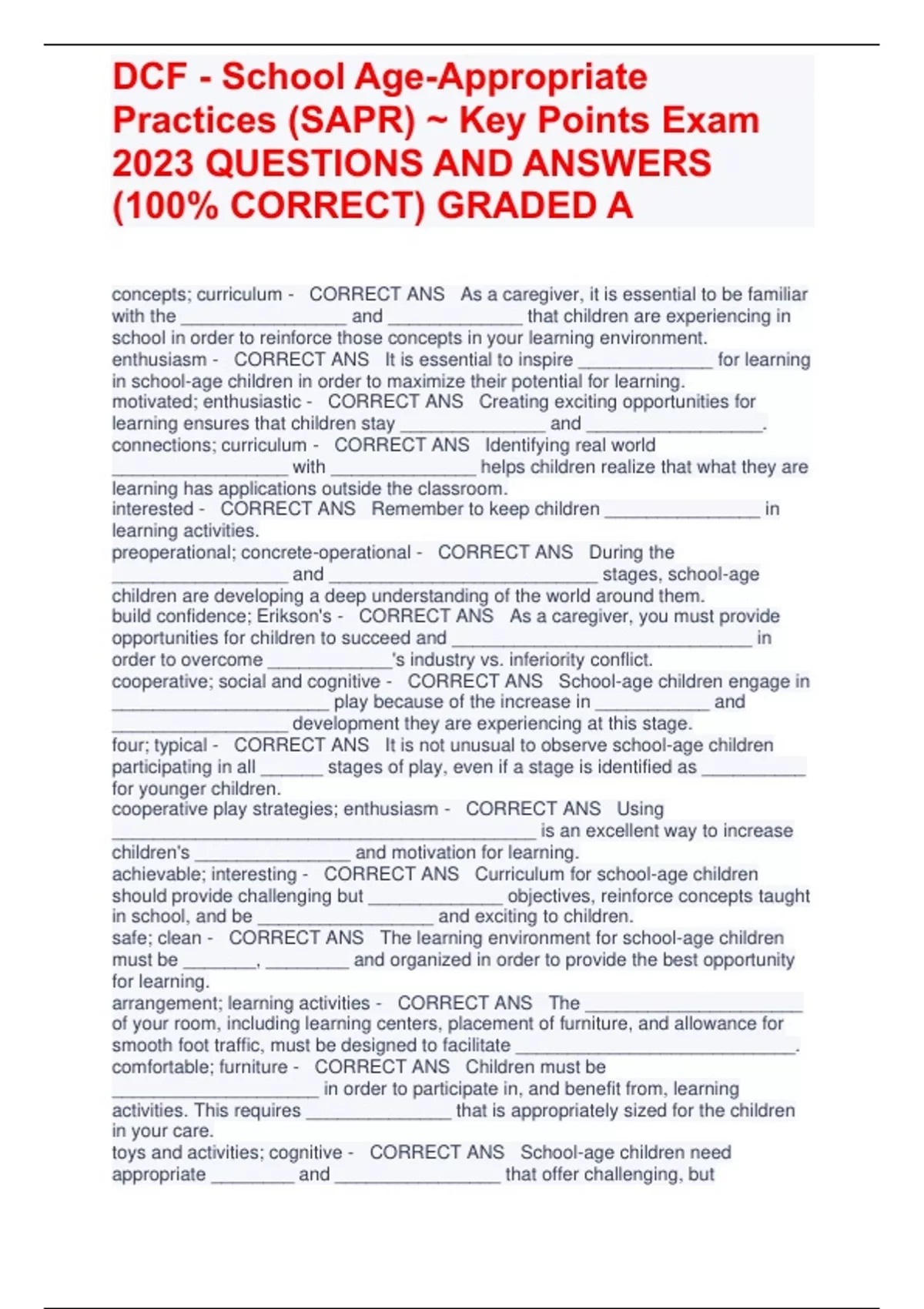 DCF - School Age-Appropriate Practices (SAPR) ~ Key Points Exam 2023 ...