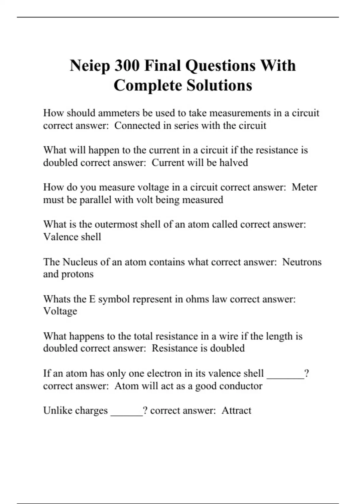 Neiep 300 Final Questions With Complete Solutions - Neiep 300 - Stuvia US