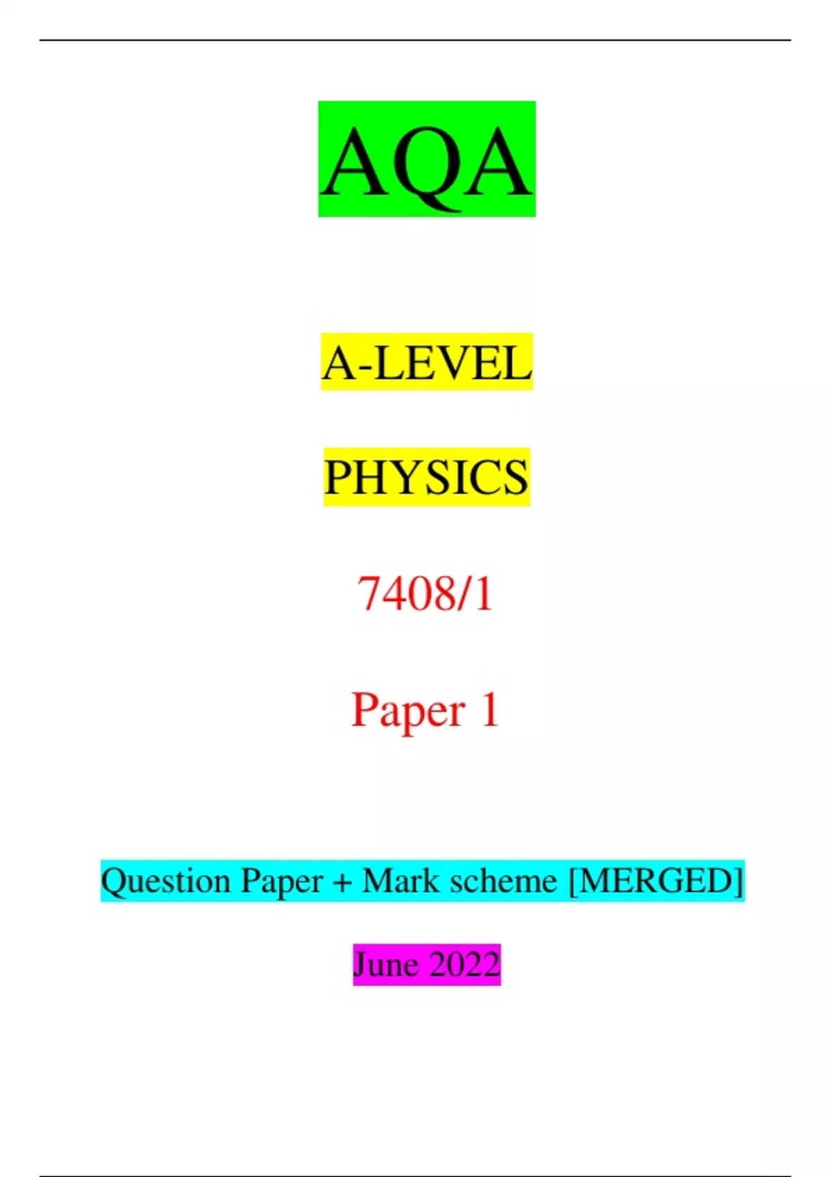 June 2022 AQA A-LEVEL PHYSICS 7408/1 Paper 1 Question Paper + Mark scheme [MERGED] - A/As Level ...