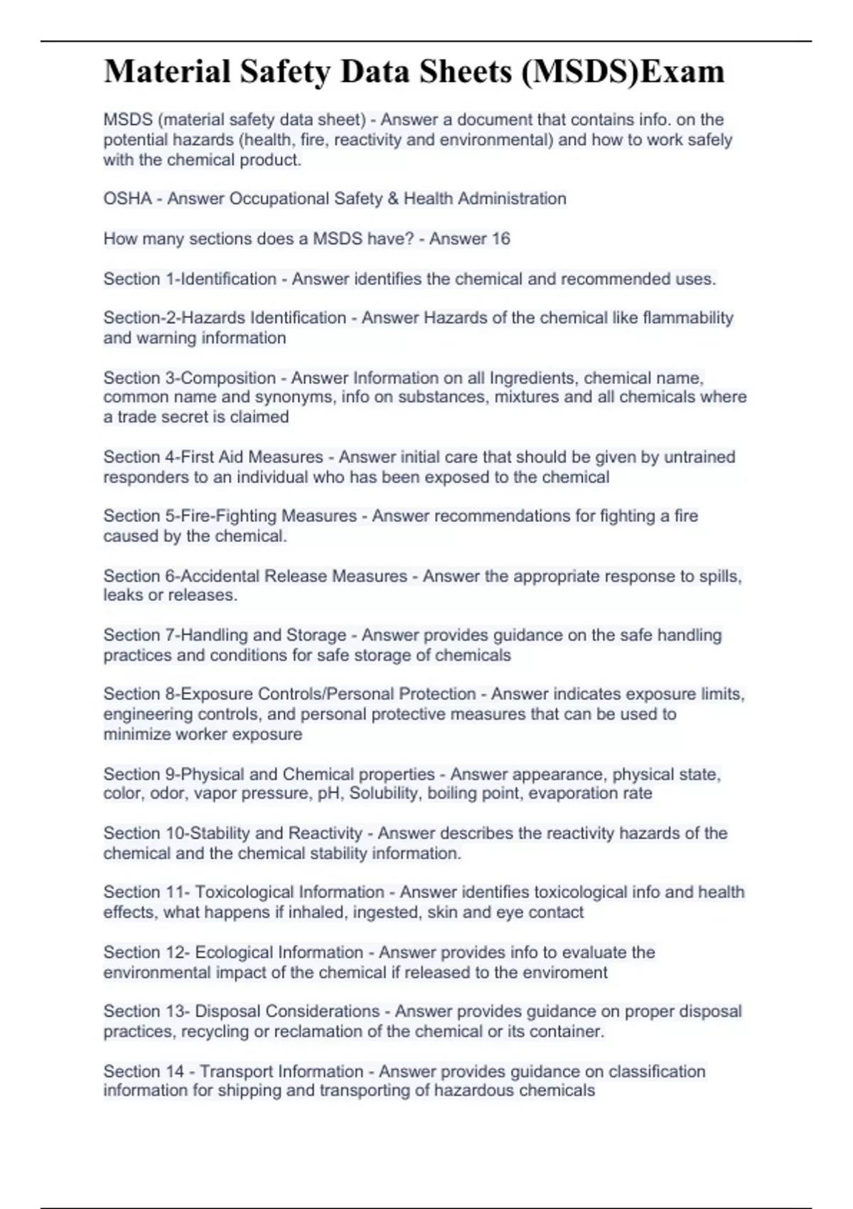 Material Safety Data Sheets (MSDS)Exam - MSDS - Stuvia US