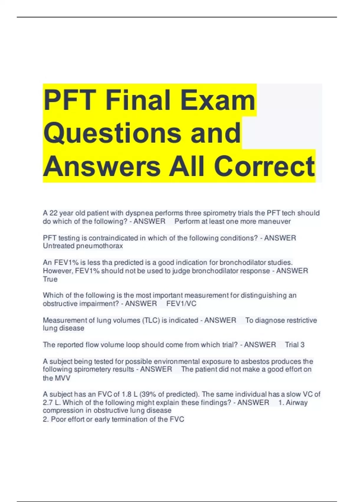 PFT Final Exam Questions and Answers All Correct - PFT - Stuvia US