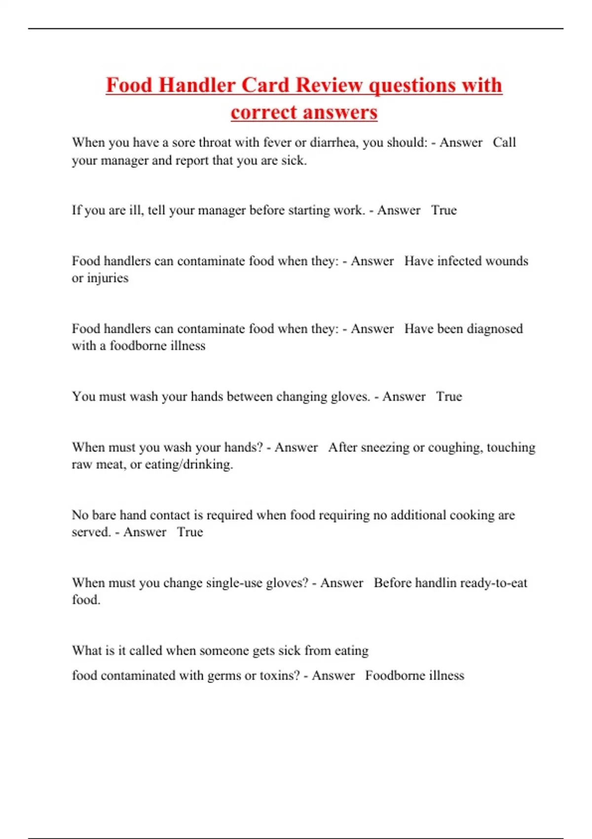Food Handler Card Review questions with correct answers - Food handlers ...