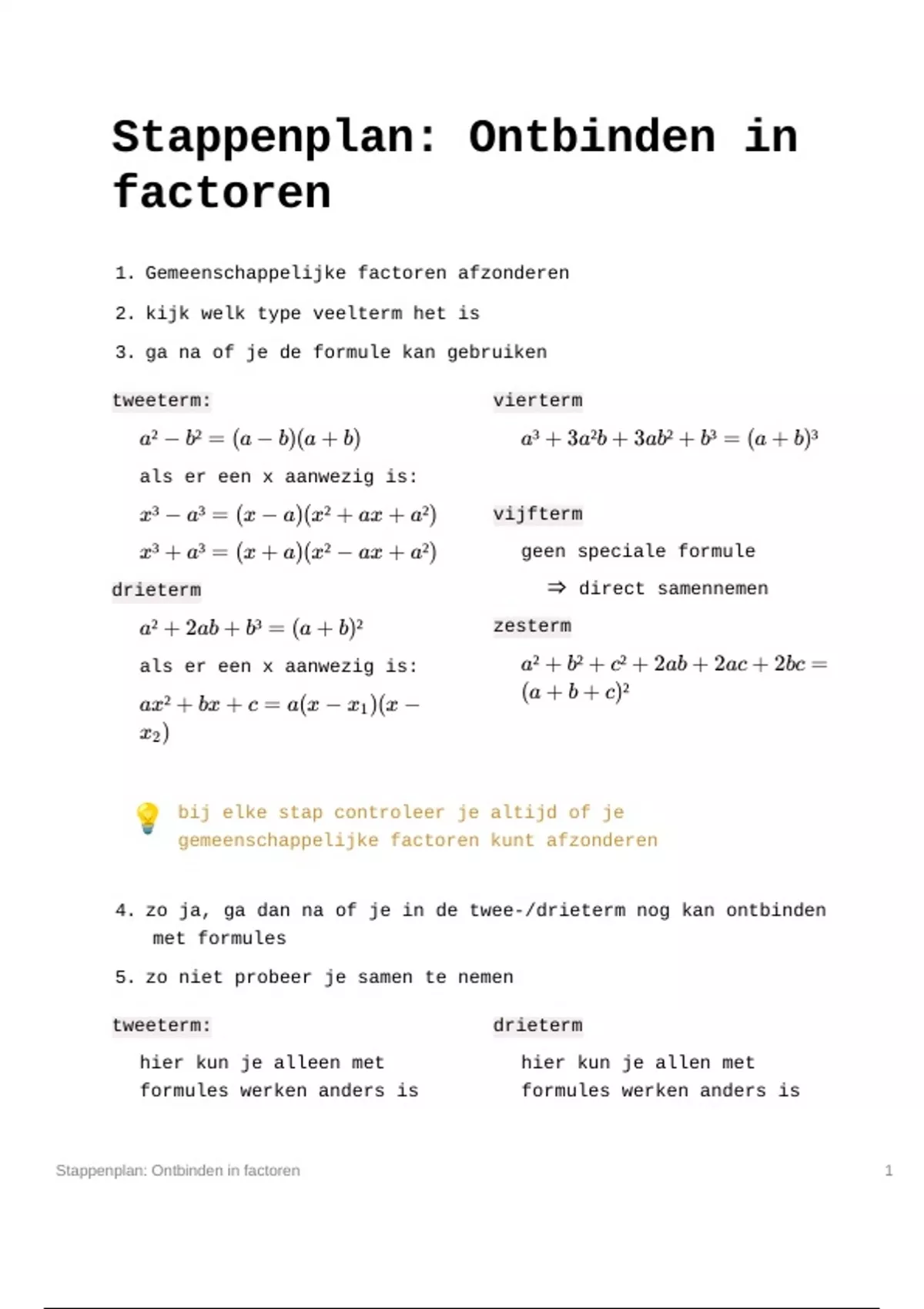 Samenvatting Stappenplan: ontbinden in factoren - Wiskunde - Stuvia BE