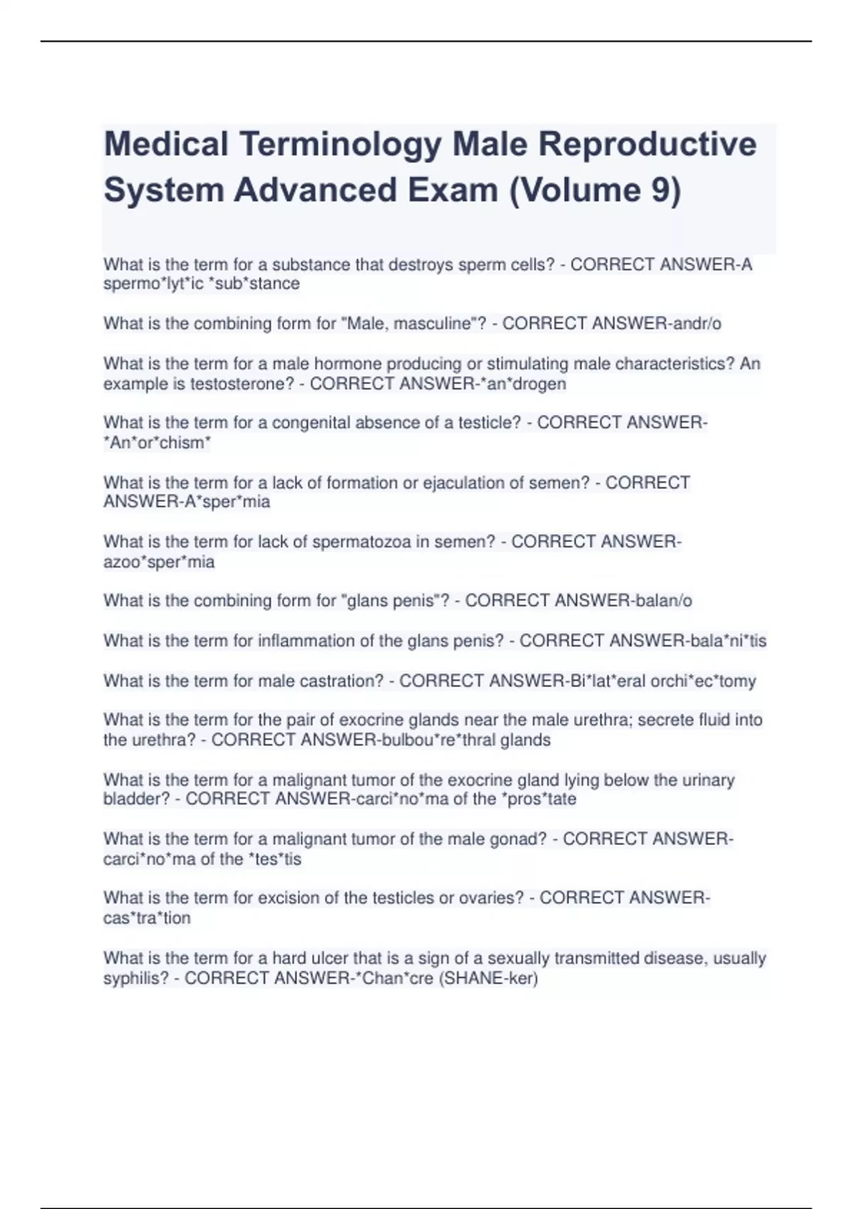 Medical Terminology Male Reproductive System Advanced Exam (Volume 9 ...