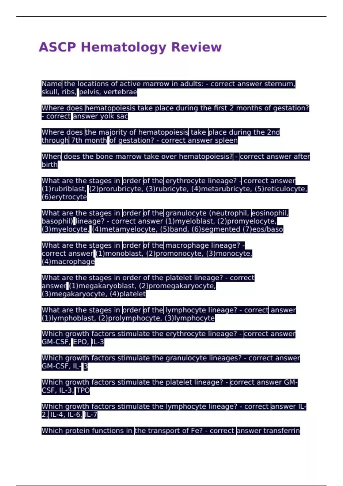 ASCP Hematology Review - ASCP - Stuvia US