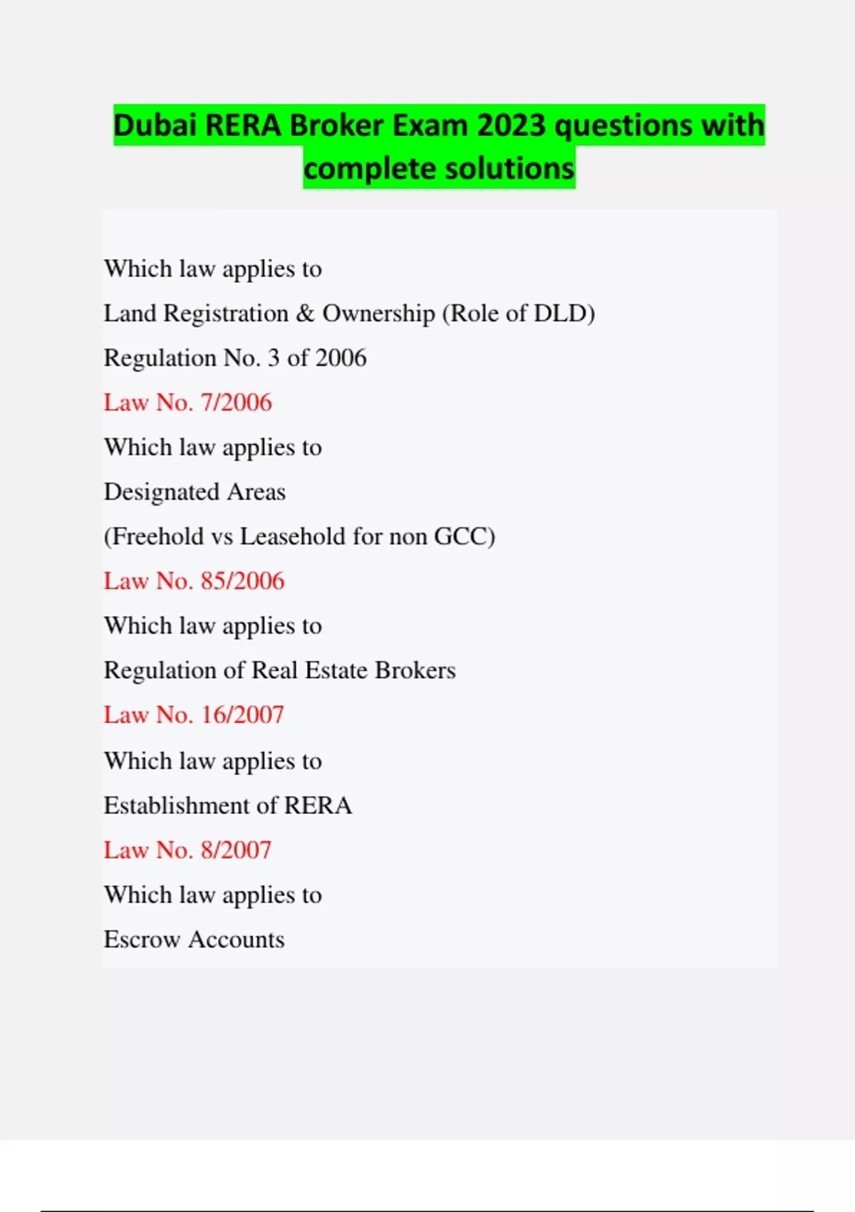 Dubai RERA Broker Exam 2023 questions with complete solutions - RERA - Stuvia US