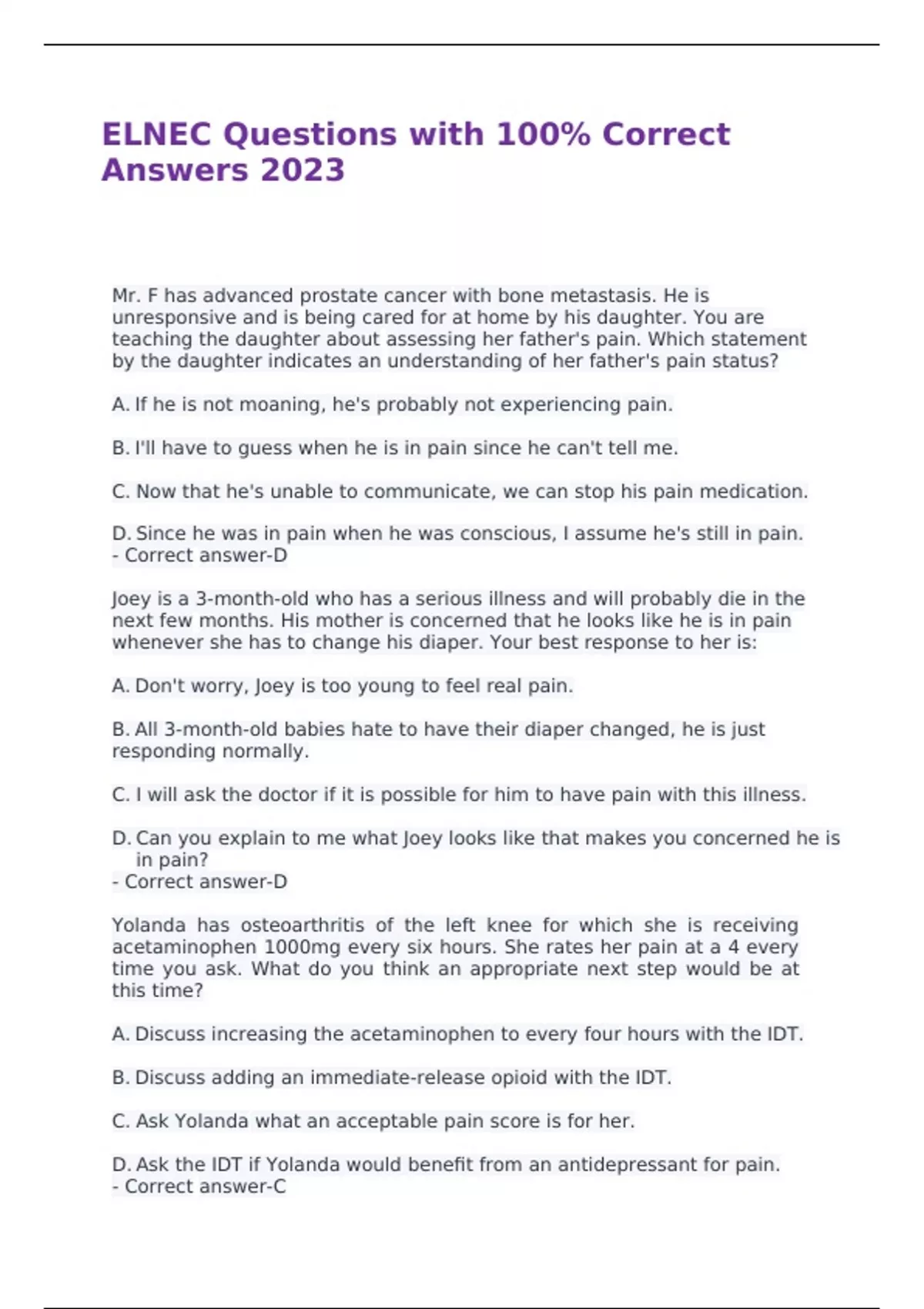 ELNEC Questions with 100% Correct Answers 2023 - ELNEC - Stuvia US