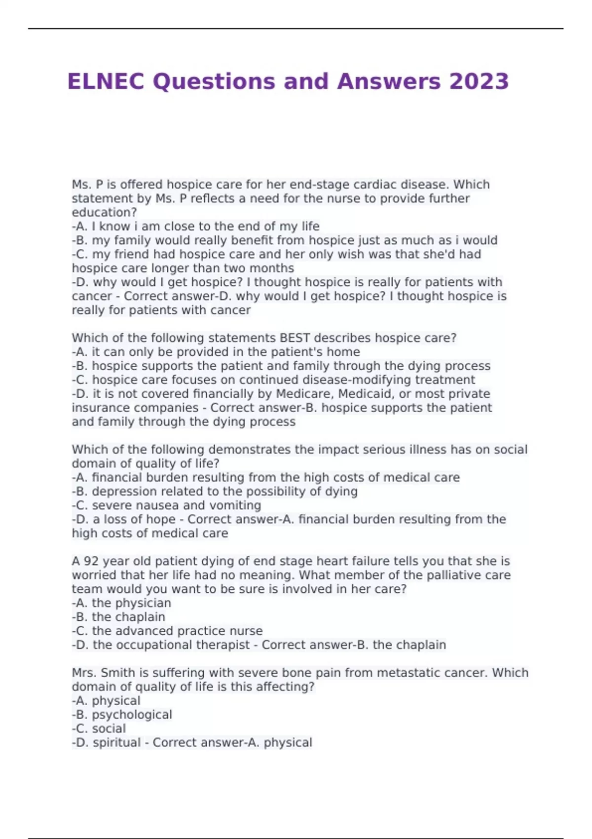 ELNEC Questions and Answers 2023 - ELNEC - Stuvia US