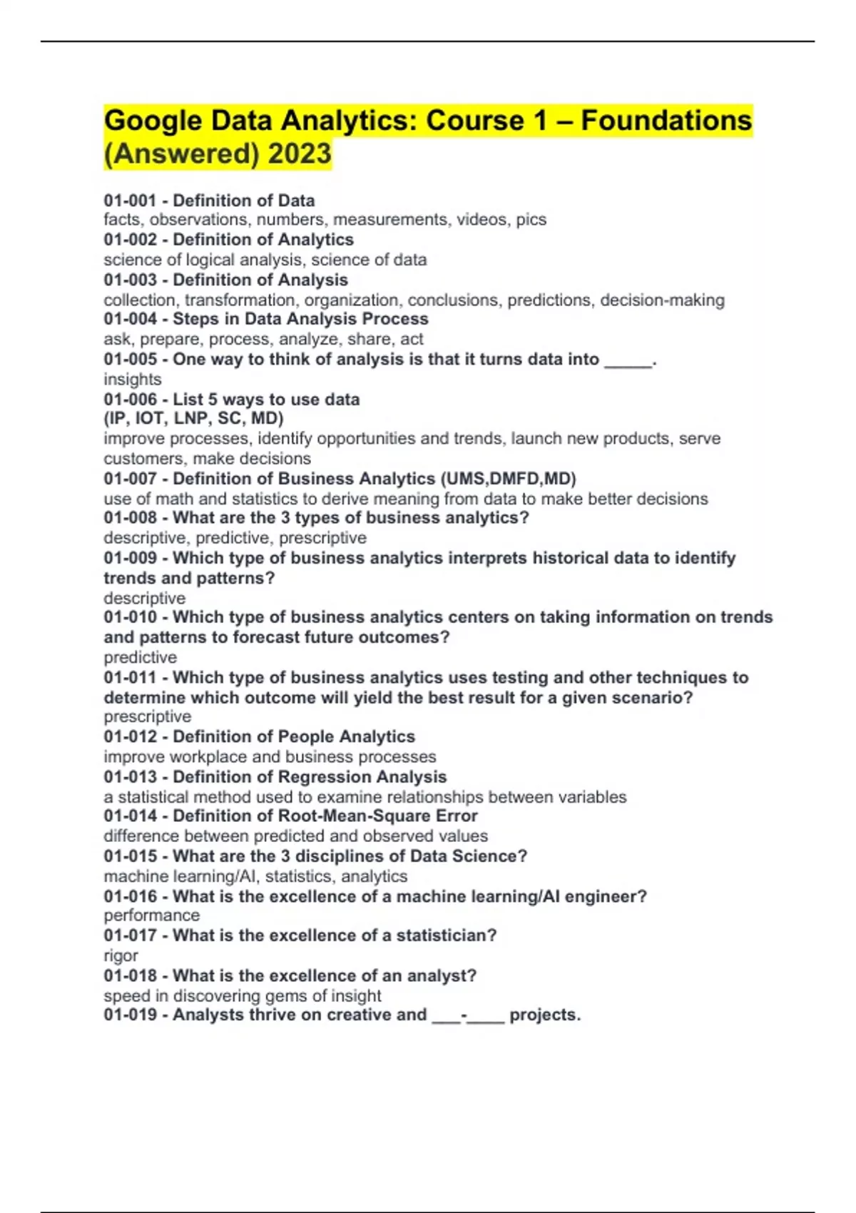 Google Data Analytics: Course 1 – Foundations (Answered) 2023 - Google Data Analytics: Course 1 ...