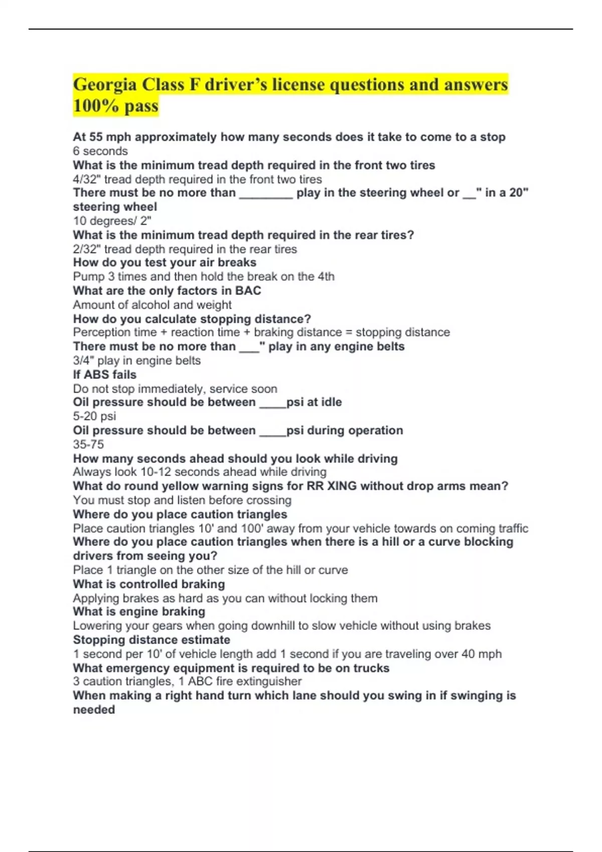 Georgia Class F driver’s license questions and answers 100% pass ...