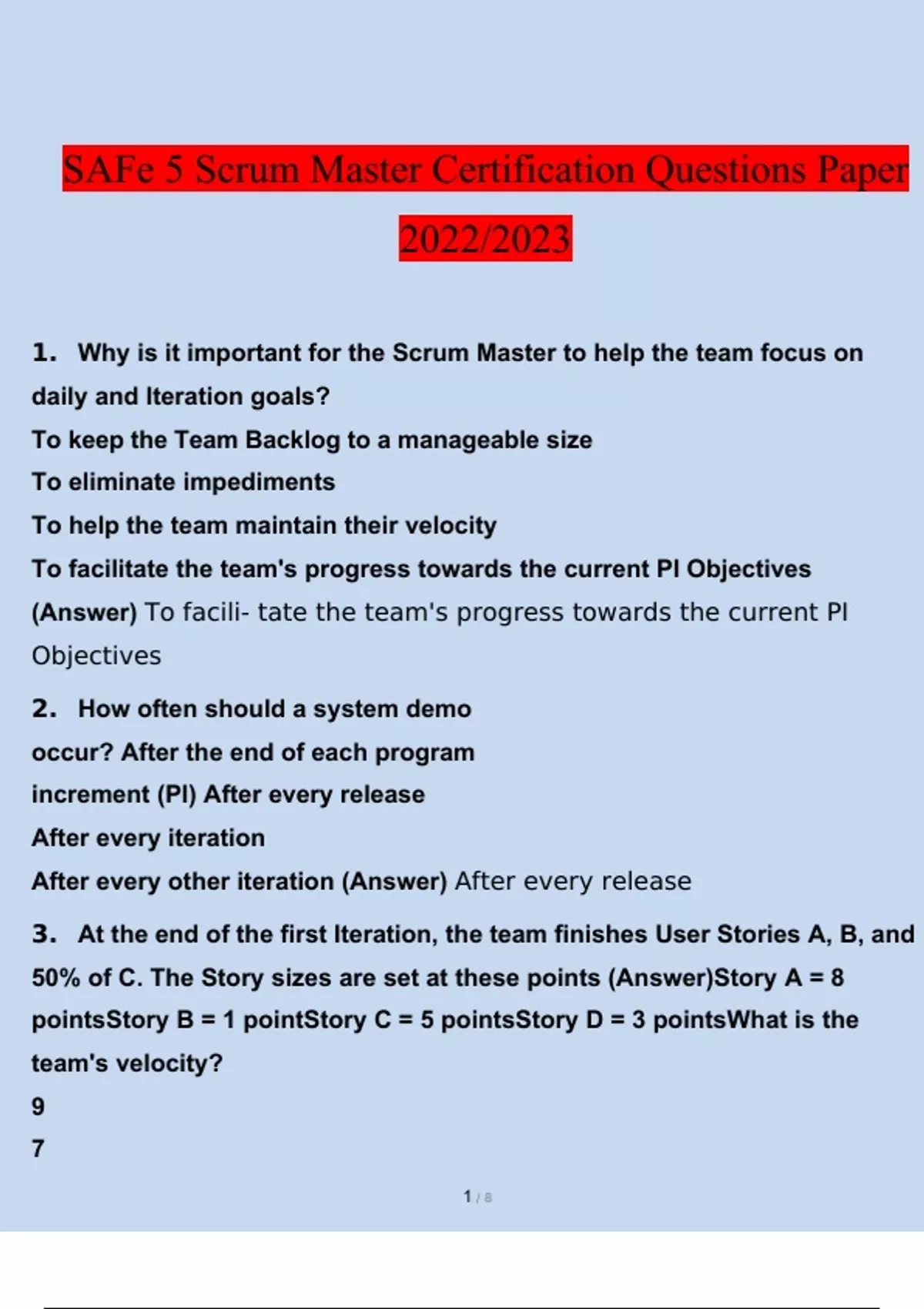 SAFe 5 Scrum Master Certification Question Paper 95% (Latest Version ...