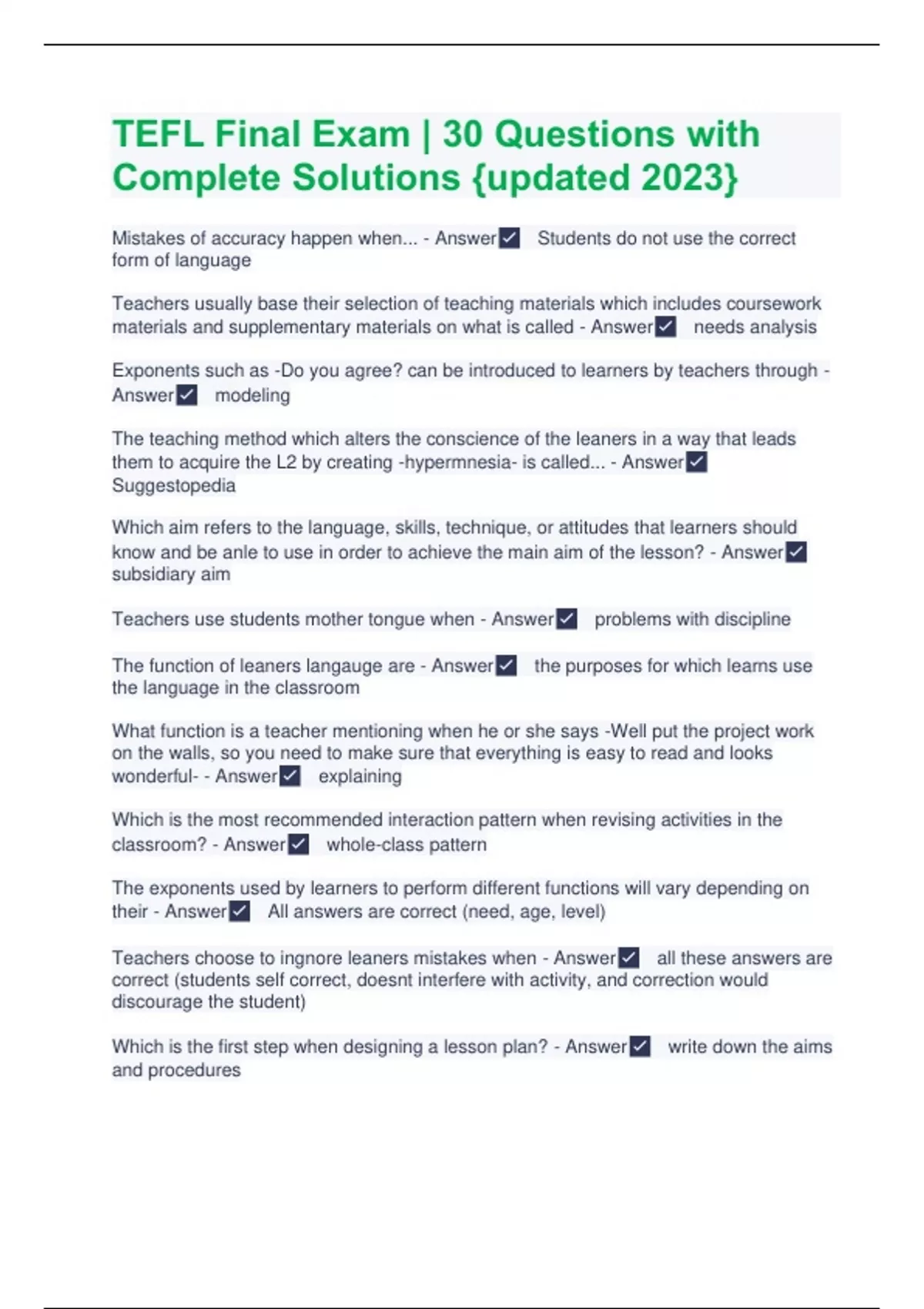 TEFL Final Exam | 30 Questions with Complete Solutions {updated 2023} - TEFL - Stuvia US