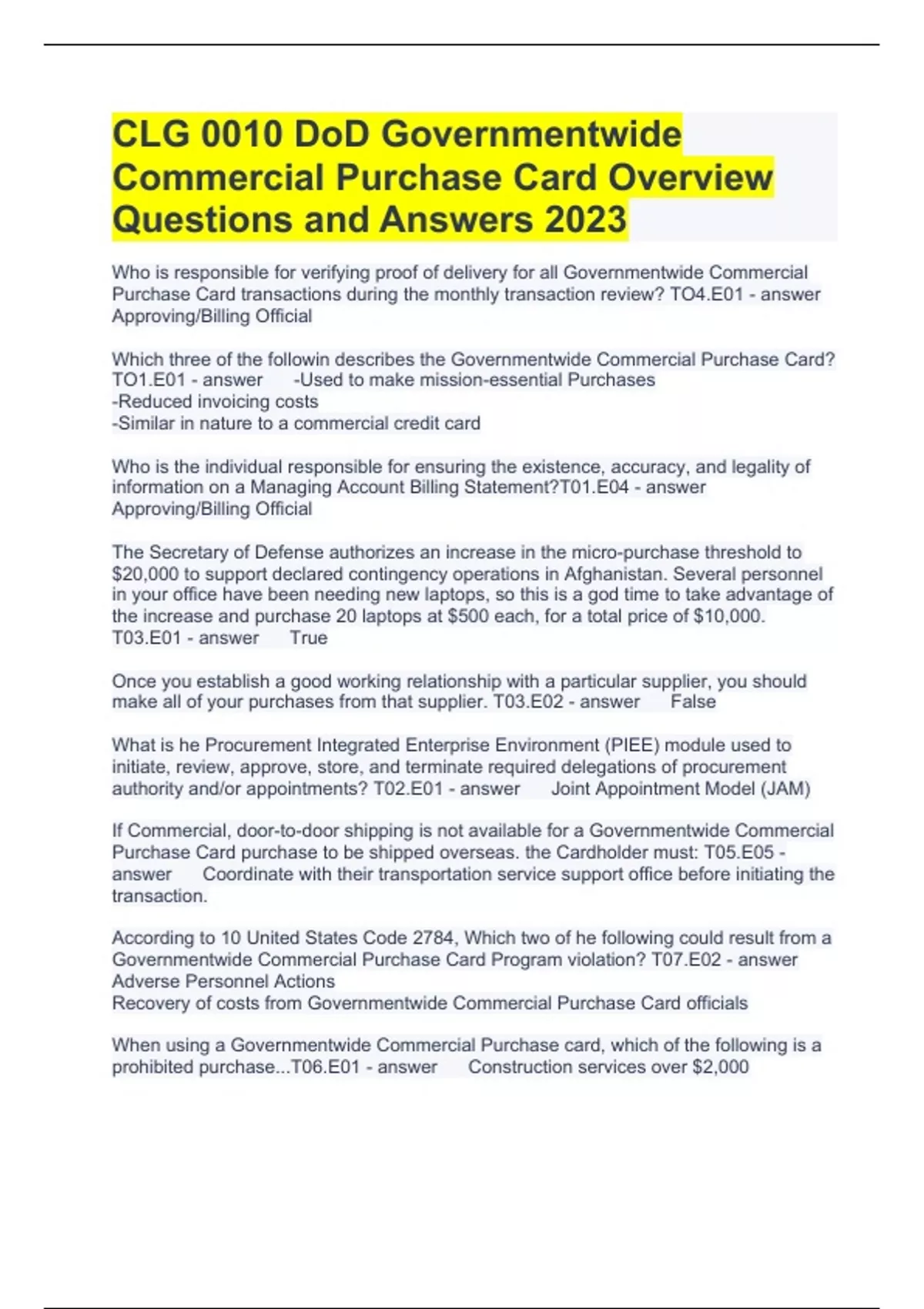 CLG 0010 DoD Governmentwide Commercial Purchase Card Overview Questions ...