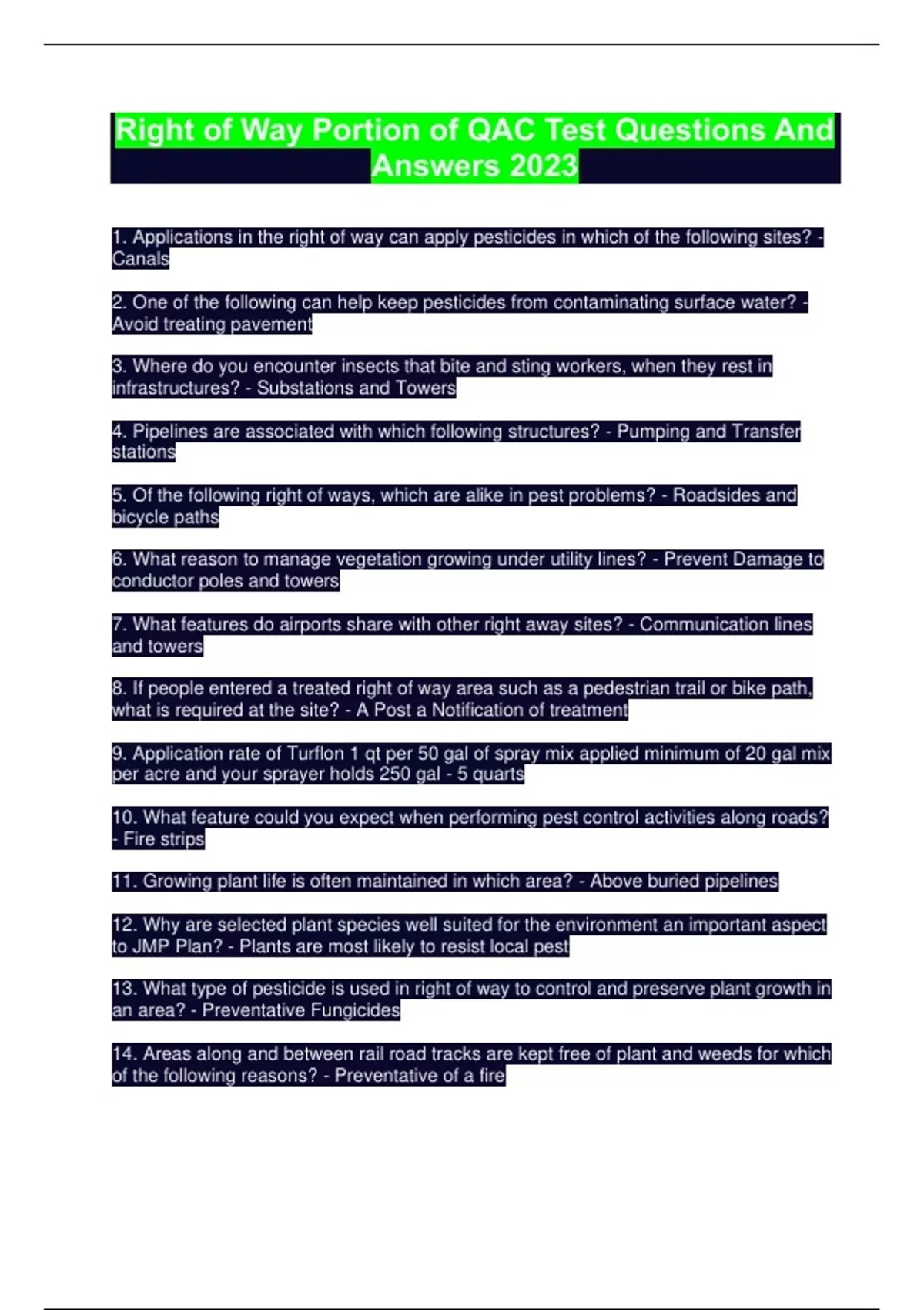 Right of Way Portion of QAC Test Questions And Answers 2023 - Right of ...