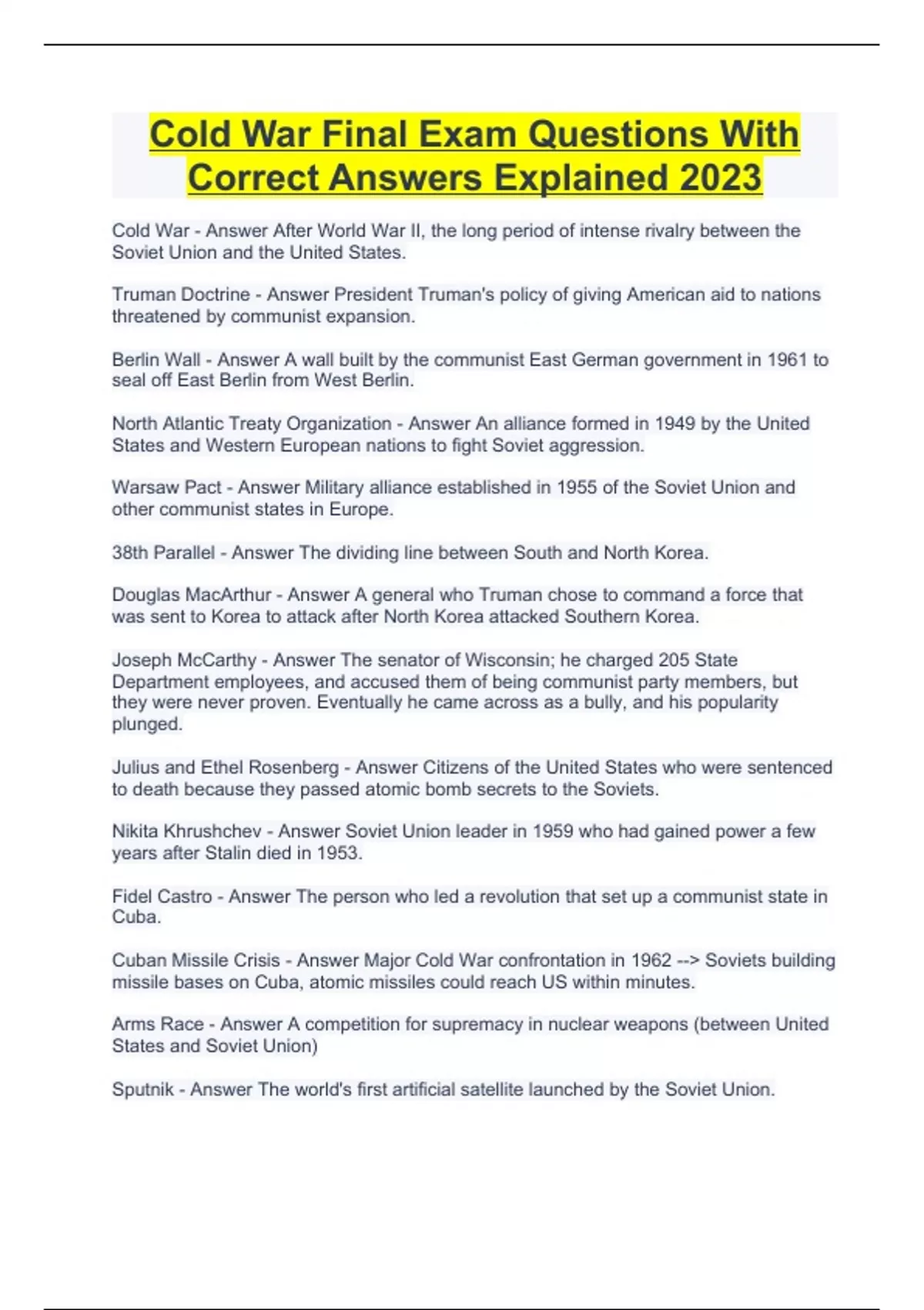 Cold War Final Exam Questions With Correct Answers Explained 2023 ...