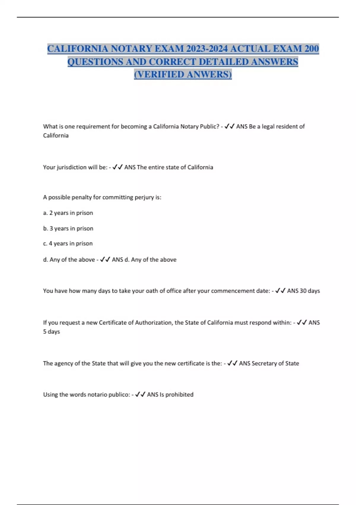 CALIFORNIA NOTARY EXAM ACTUAL EXAM 200 QUESTIONS AND CORRECT DETAILED ...