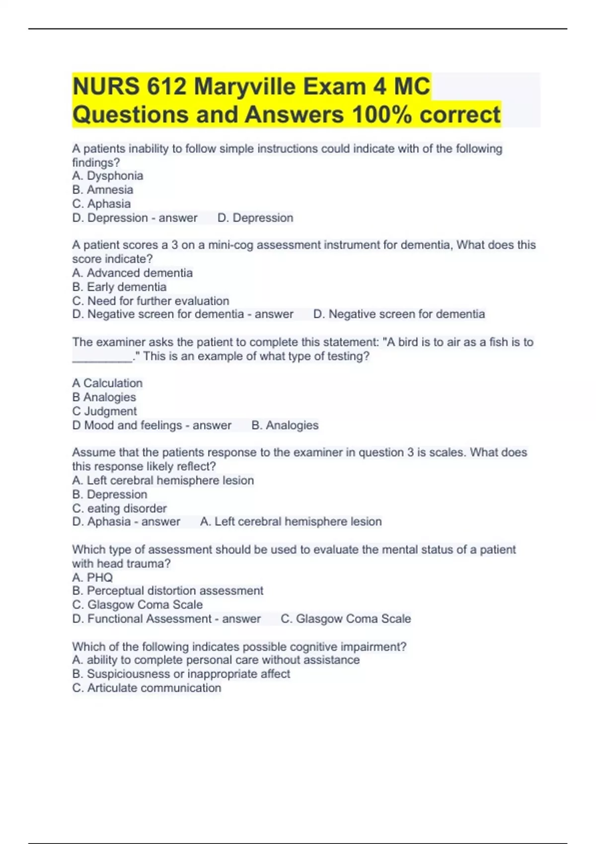 NURS 612 Maryville Exam 4 MC Questions and Answers 100% correct ...