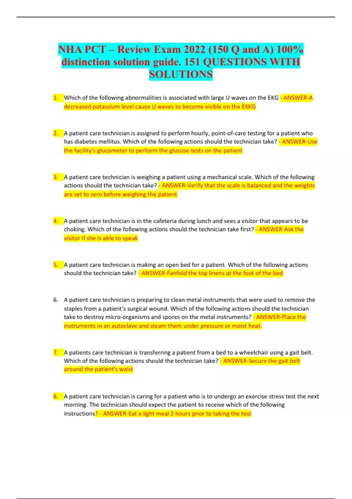 NHA PCT – Review Exam 2022 (150 Q and A) 100% distinction solution ...