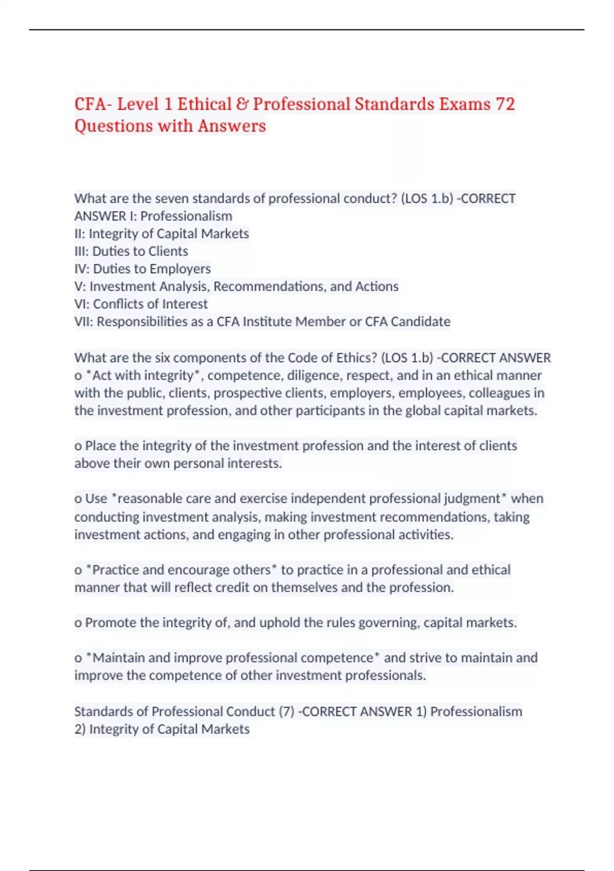 CFA- Level 1 Ethical & Professional Standards Exams 72 Questions with Answers,100% CORRECT - CFA ...