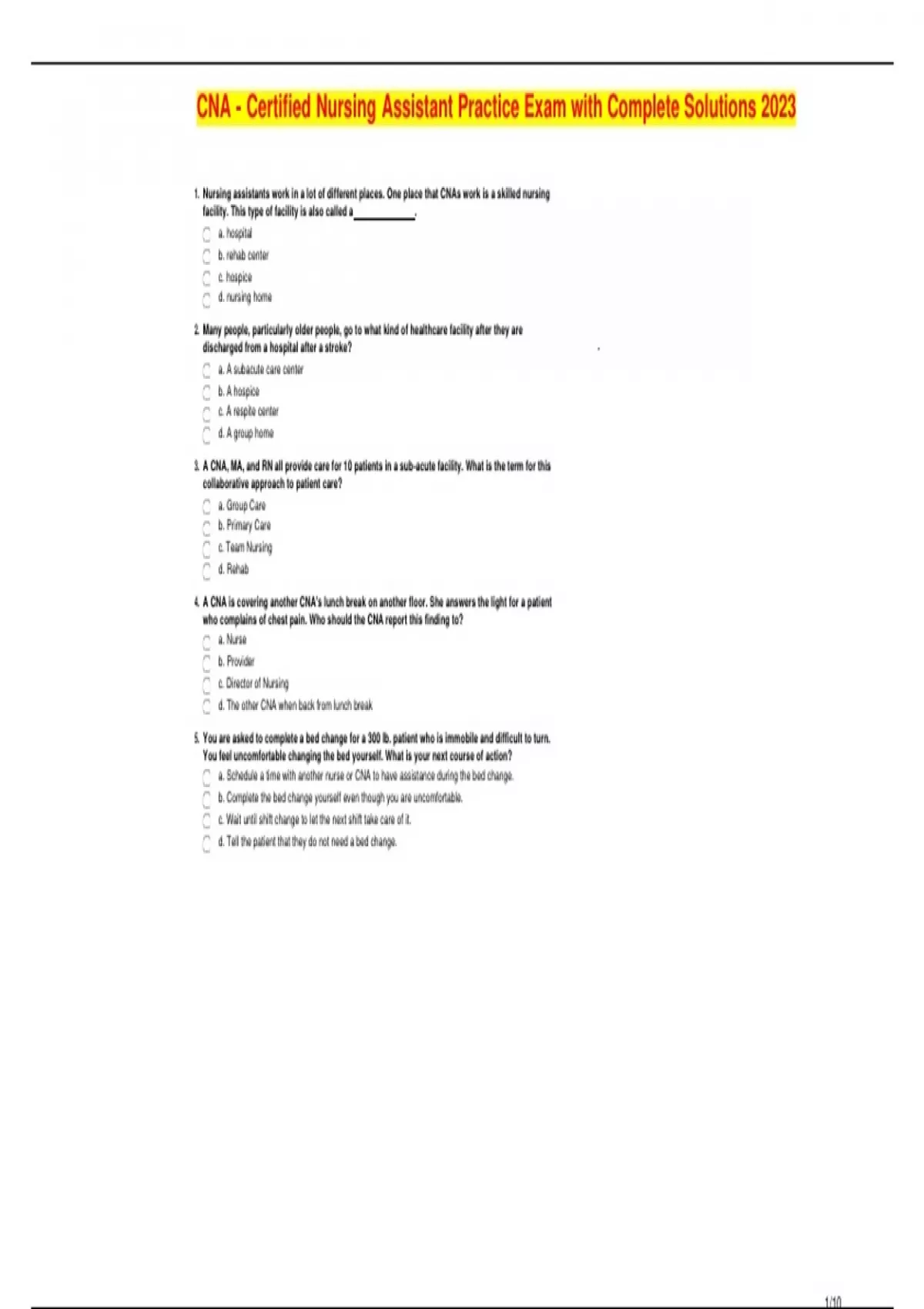 CNA - Certified Nursing Assistant Practice Exam with Complete Solutions ...