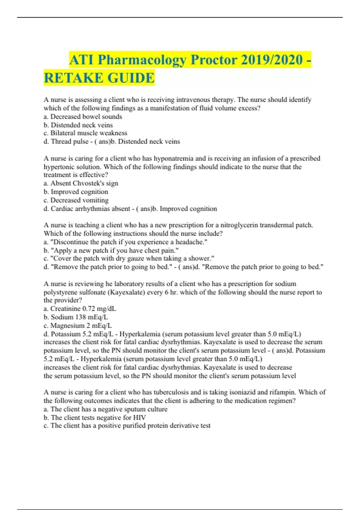 ATI Pharmacology Proctor 2019/2020 - RETAKE GUIDE - Nursing ...