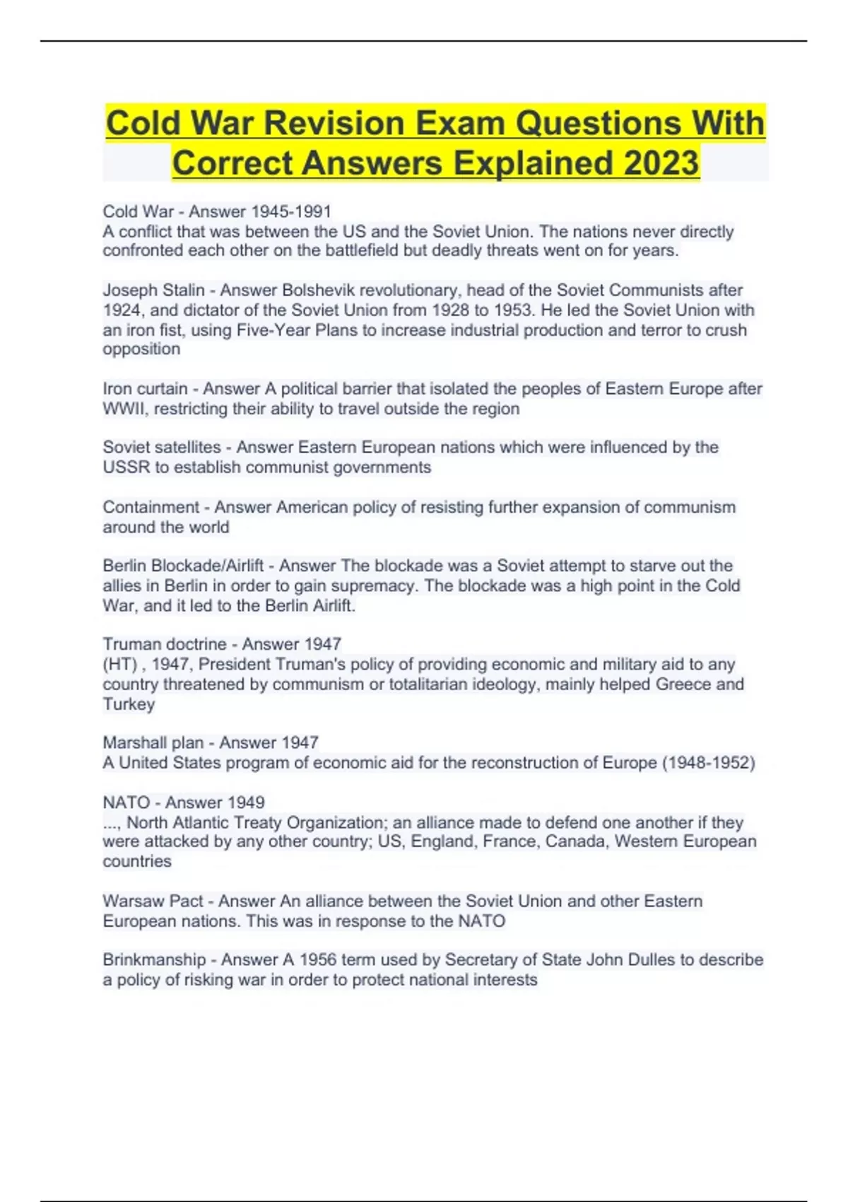 Cold War Revision Exam Questions With Correct Answers Explained 2023 ...