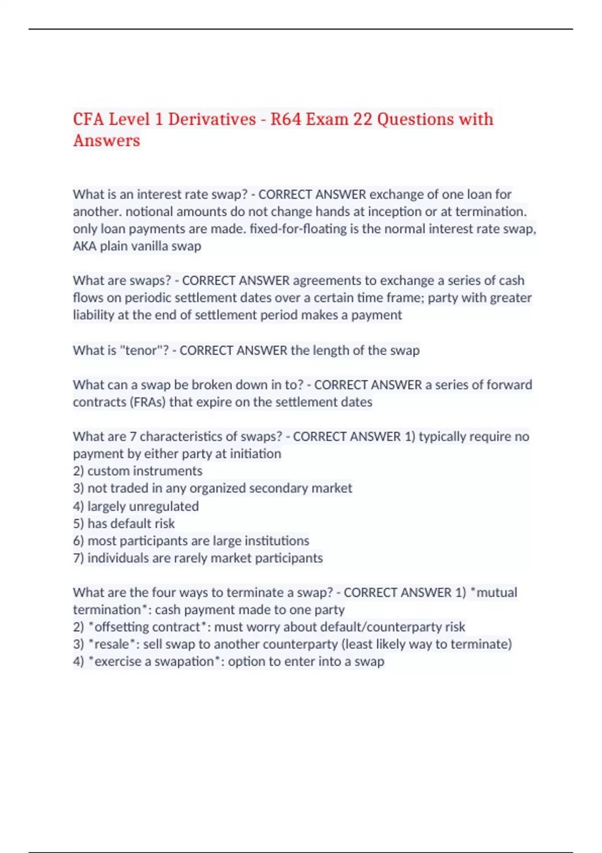 CFA Level 1 Derivatives - R64 Exam 22 Questions with Answers ,100% ...