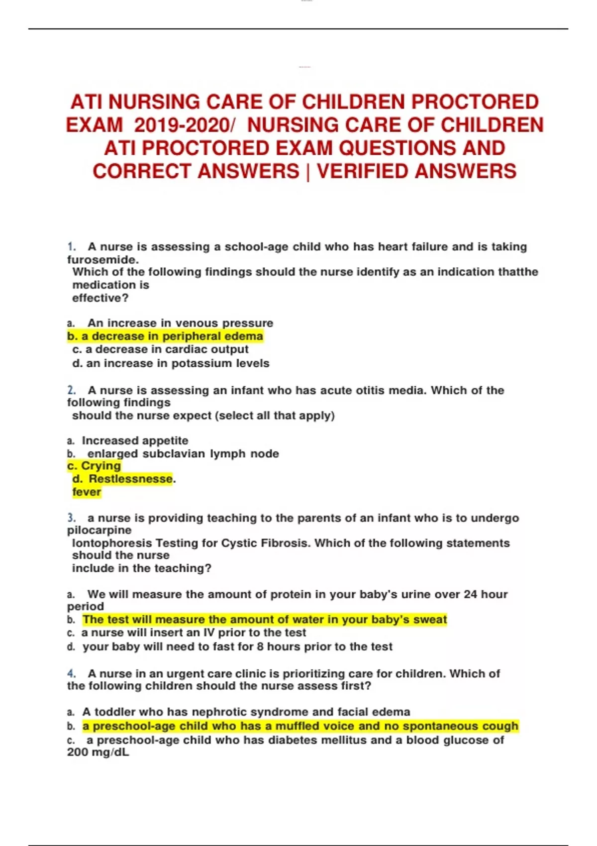 ATI NURSING CARE OF CHILDREN PROCTORED EXAM / NURSING CARE OF CHILDREN ...