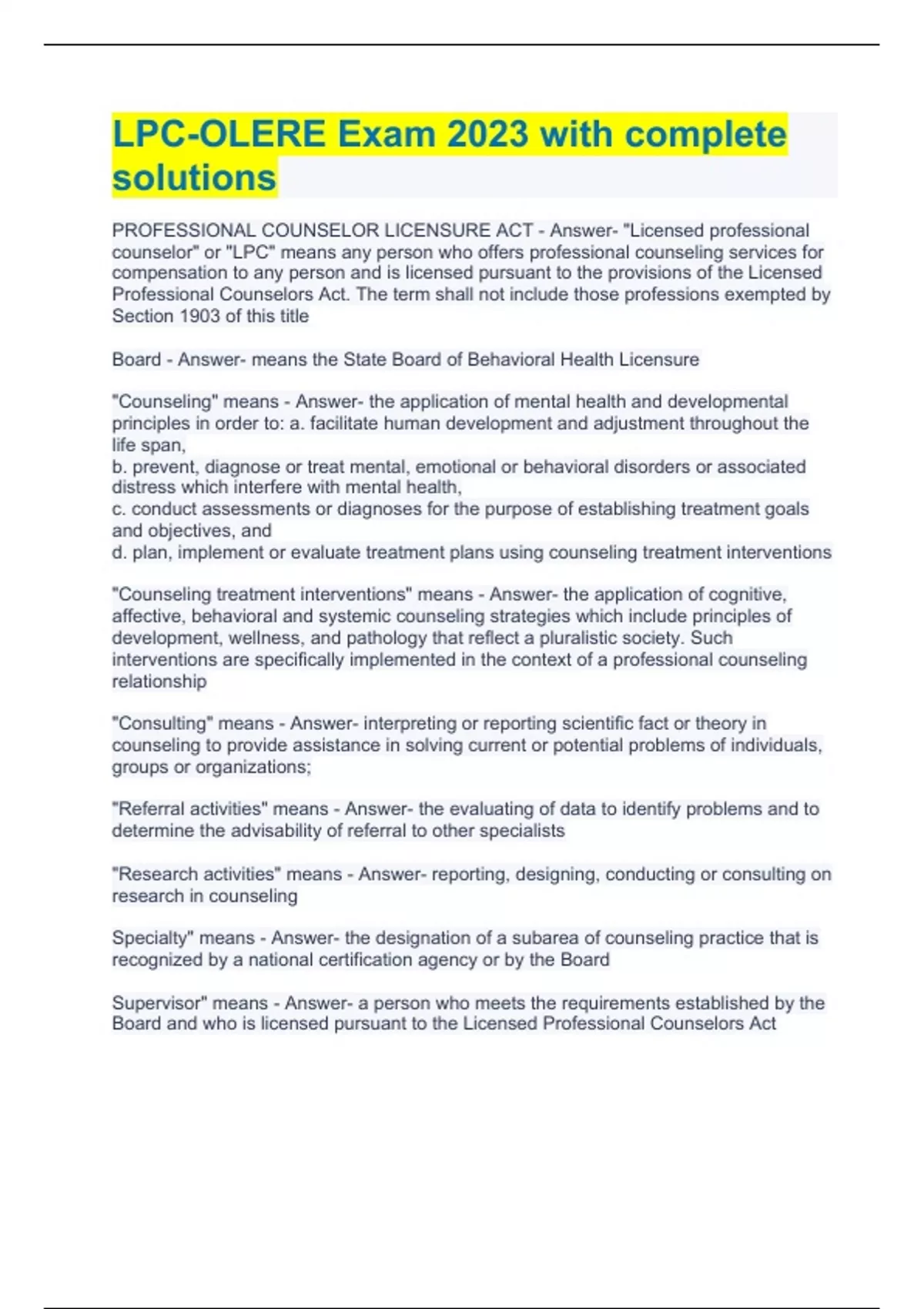 LPC-OLERE Exam 2023 with complete solutions - LPC-OLERE - Stuvia US