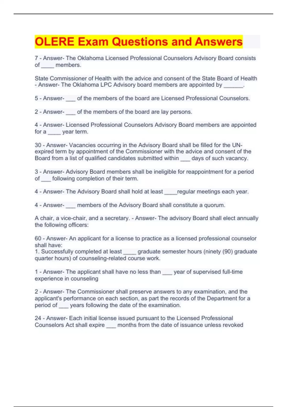 OLERE Exam Questions and Answers - OLERE - Stuvia US