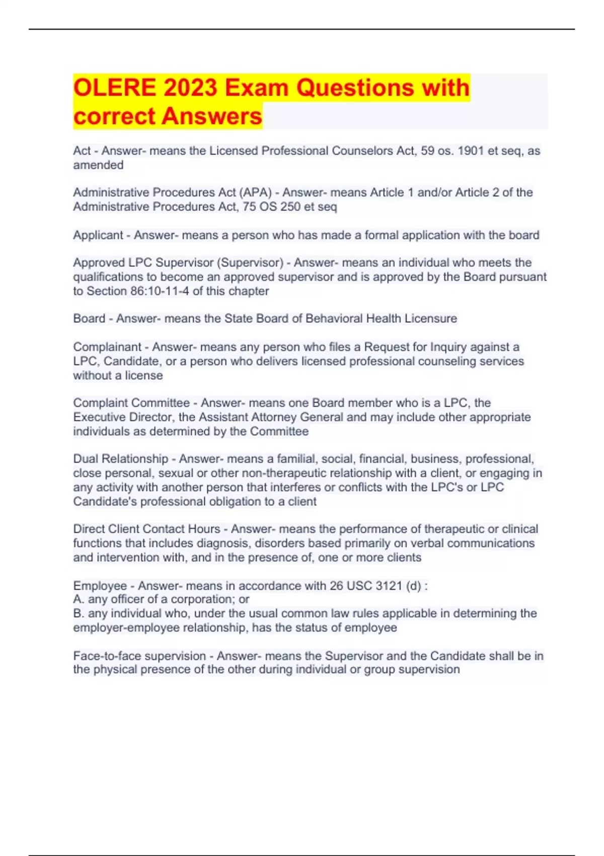 OLERE 2023 Exam Questions with correct Answers - OLERE - Stuvia US