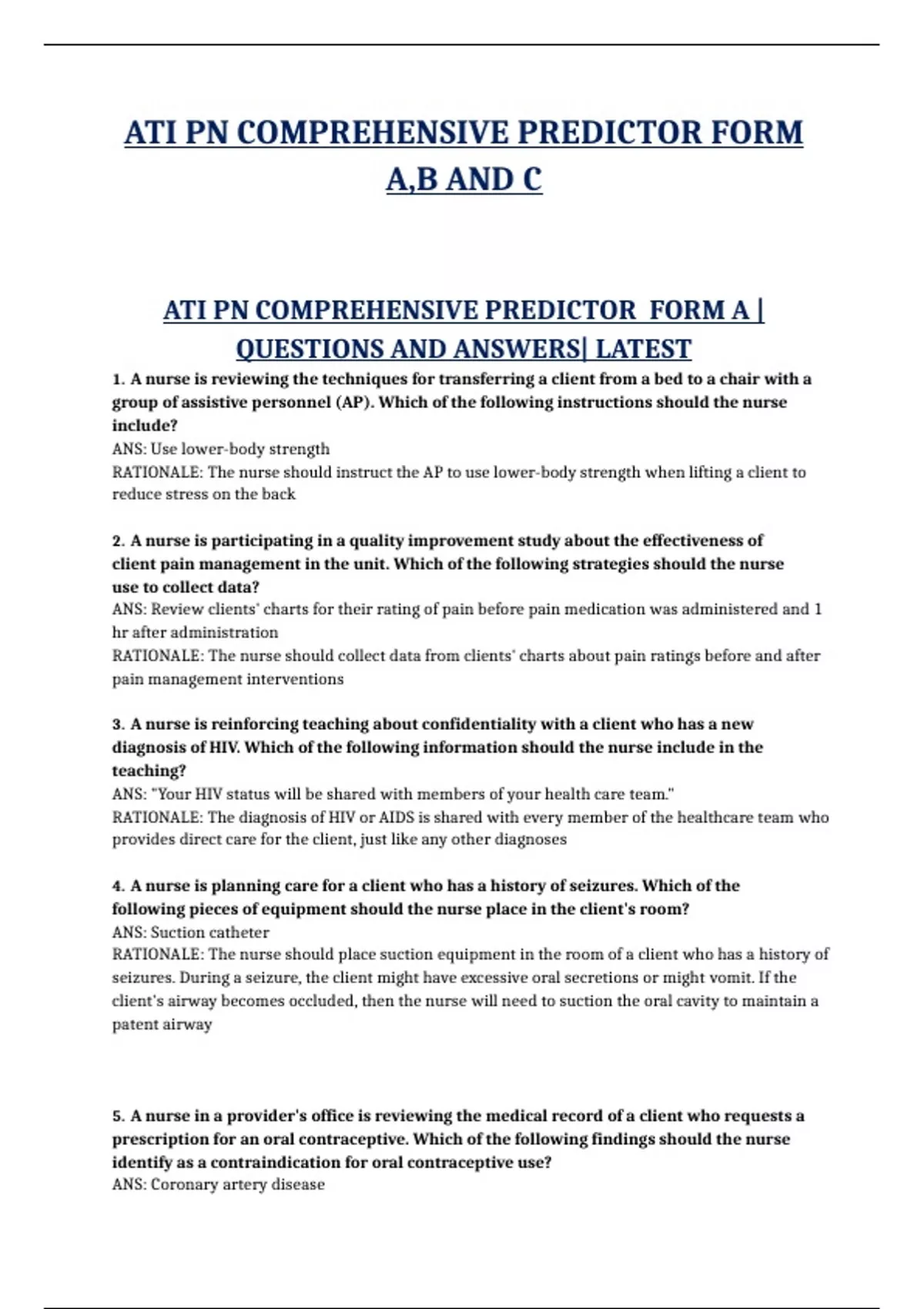 ATI PN COMPREHENSIVE PREDICTOR FORM A,B AND C - Advance nursing - Stuvia US