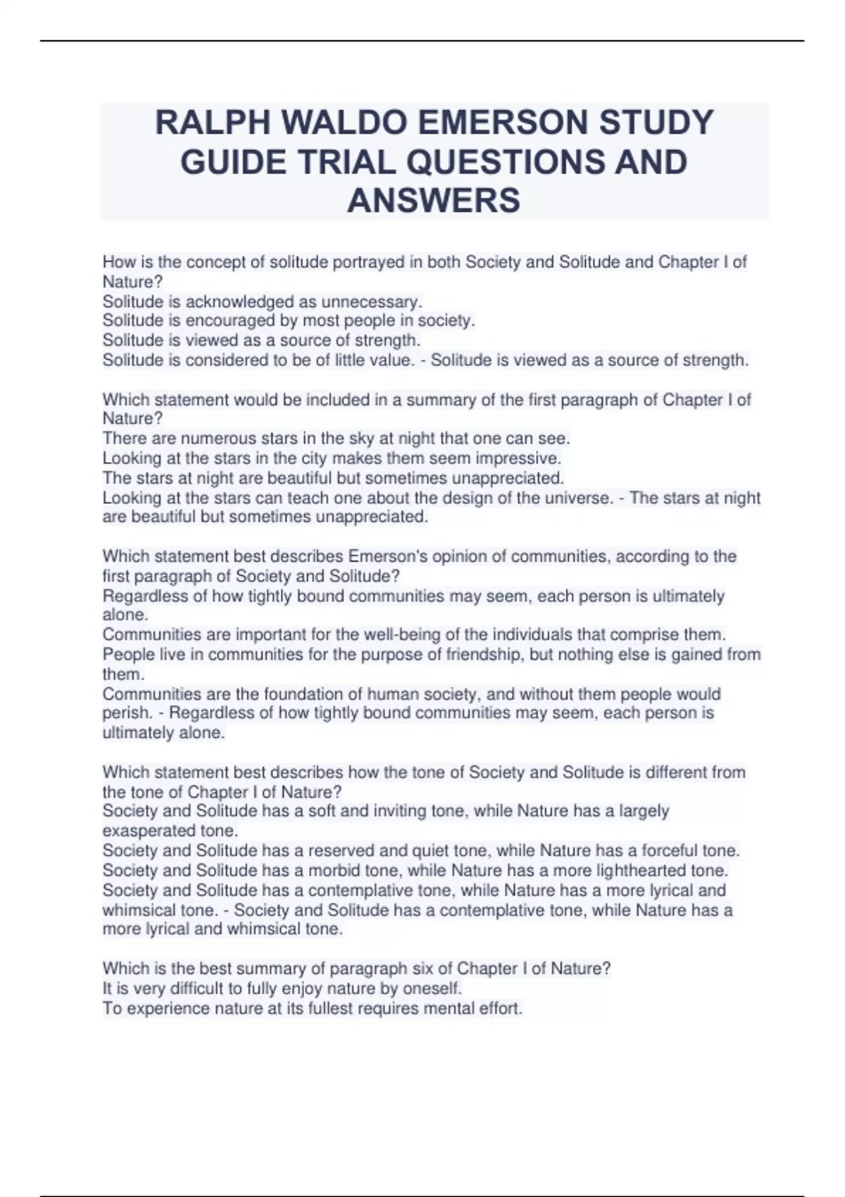 RALPH WALDO EMERSON STUDY GUIDE TRIAL QUESTIONS AND ANSWERS - RALPH ...