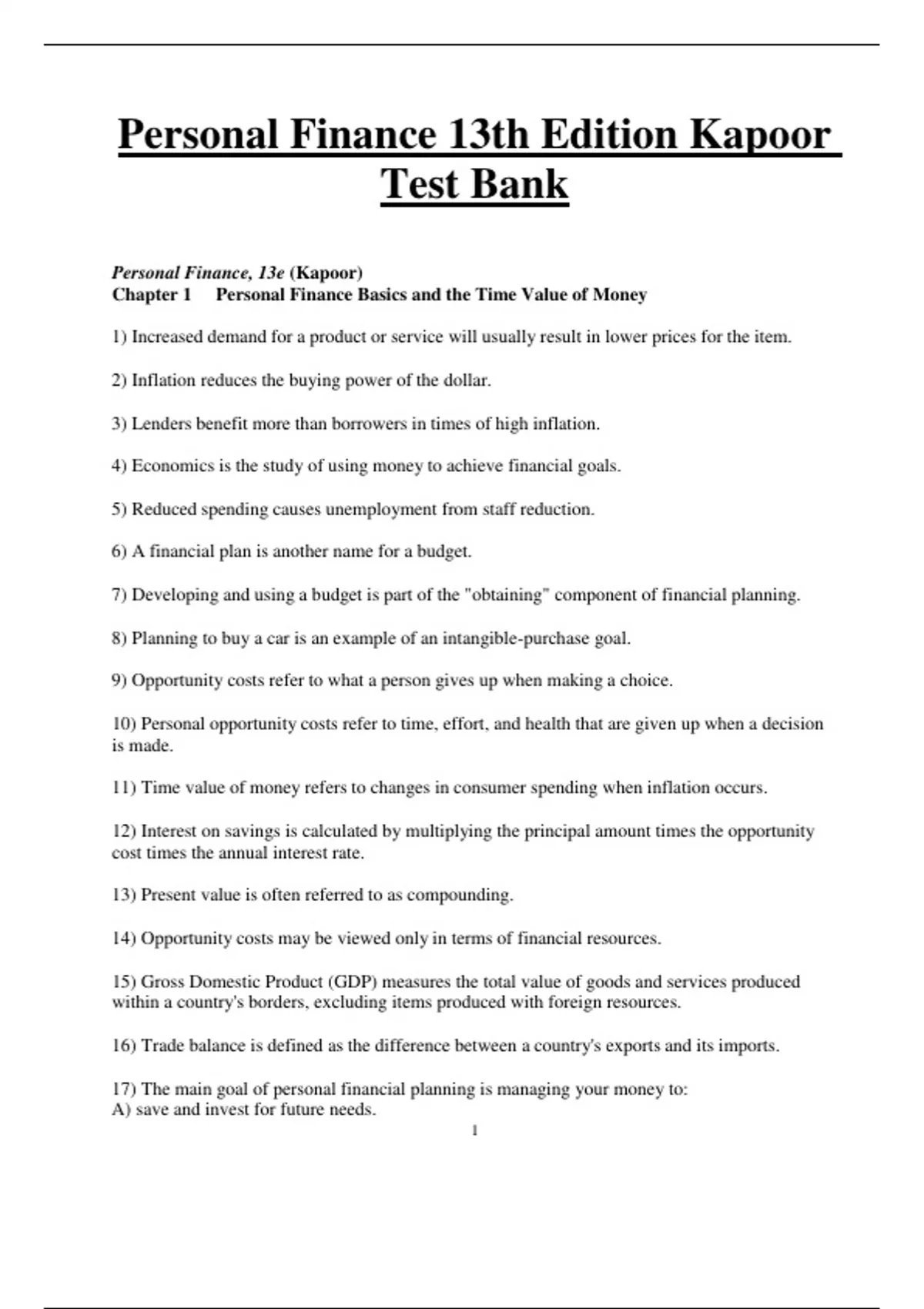 Complete Test Bank Personal Finance 13th Edition Kapoor Questions ...