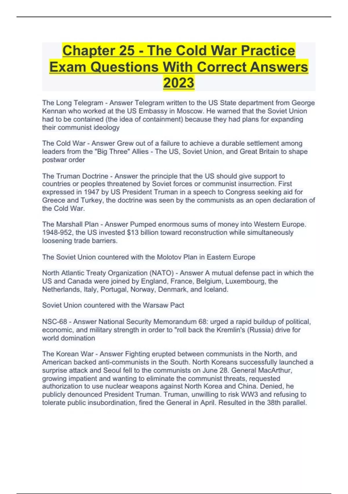 Chapter 25 - The Cold War Practice Exam Questions With Correct Answers ...