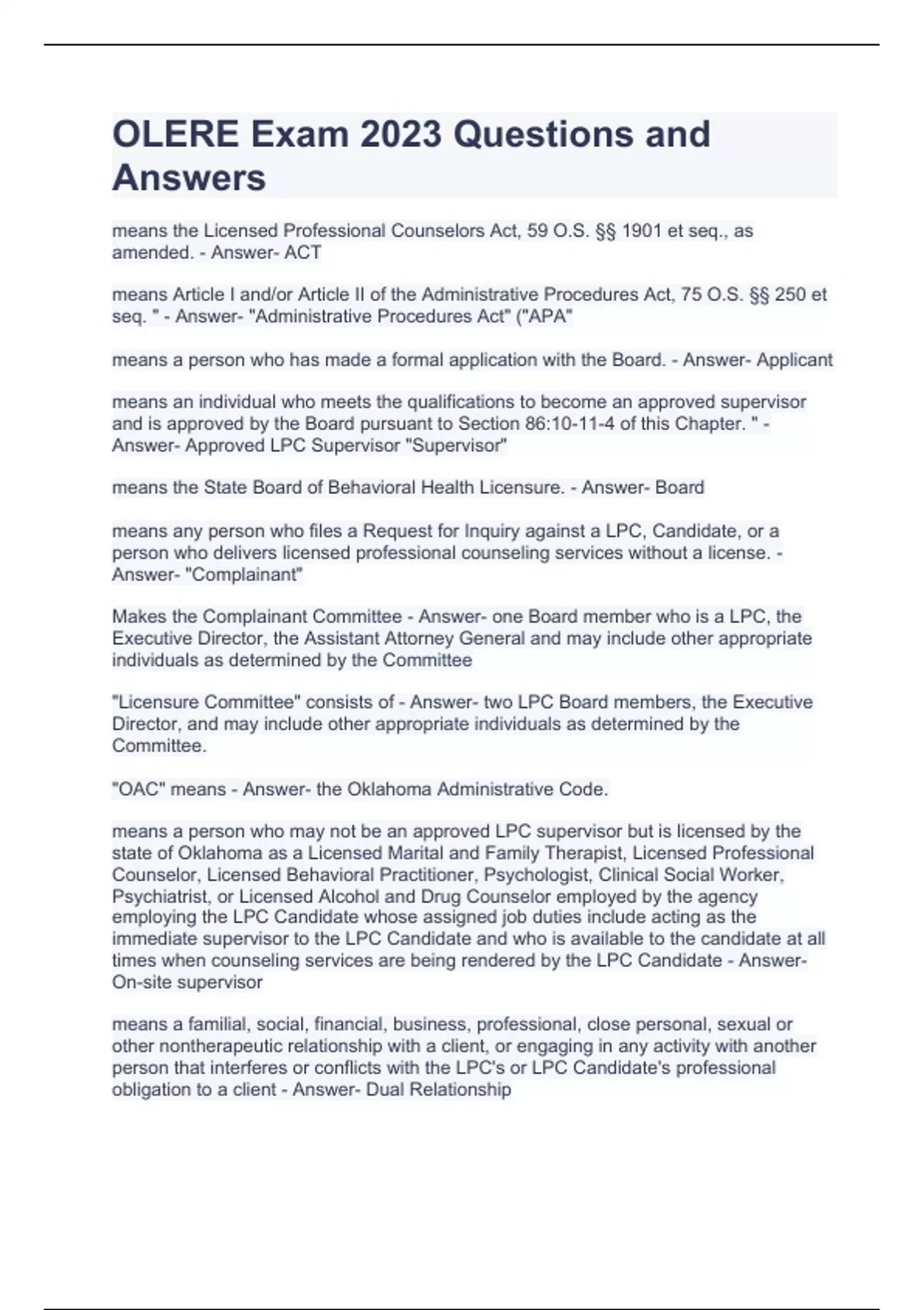 OLERE Exam 2023 Questions and Answers - OLERE - Stuvia US