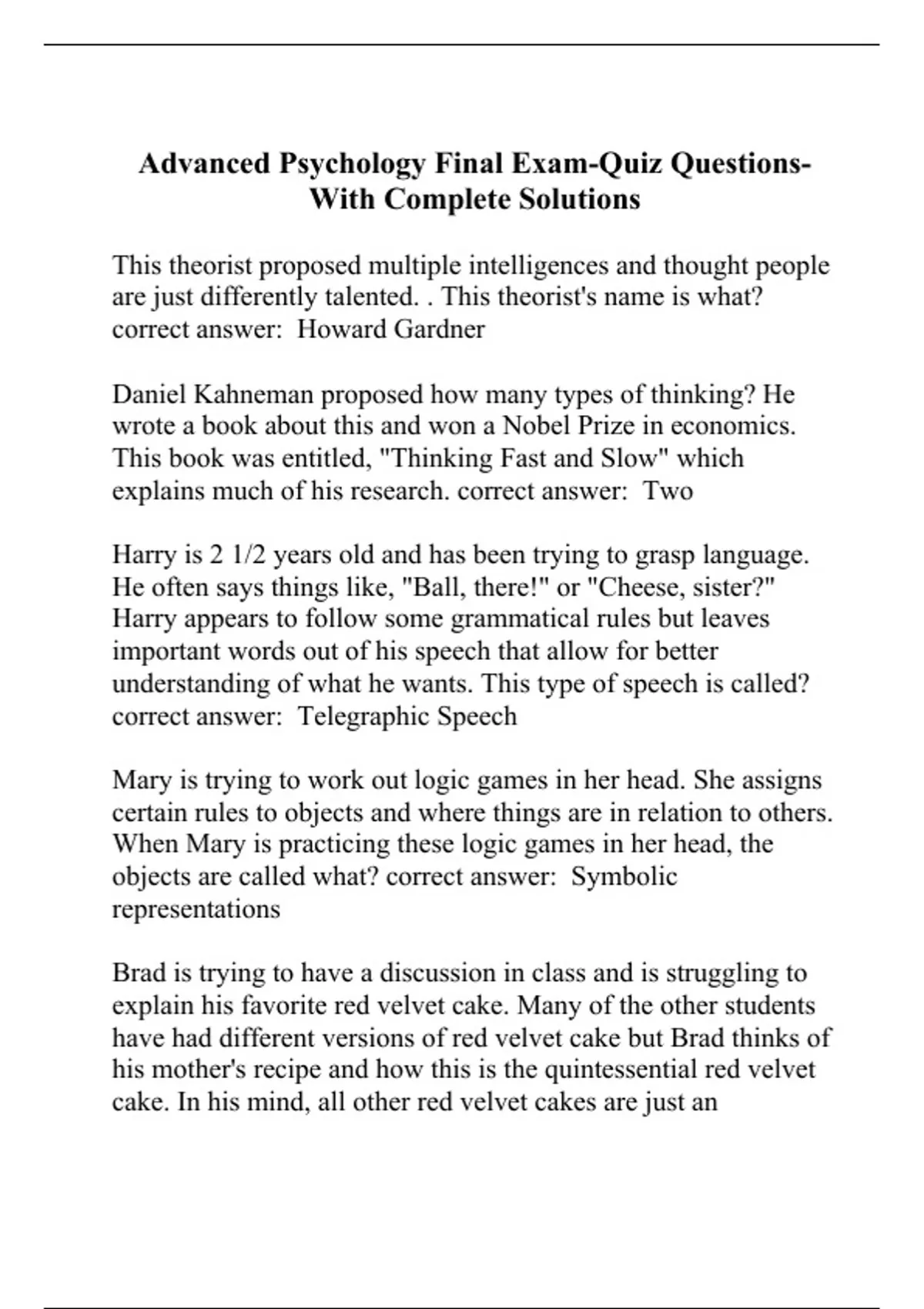 Advanced Psychology Final Exam-Quiz Questions- With Complete Solutions ...