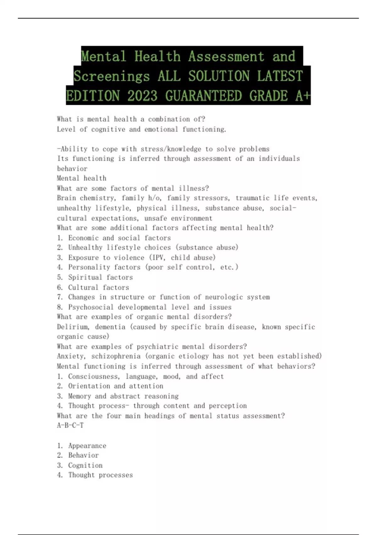 Mental Health Assessment and Screenings ALL SOLUTION LATEST EDITION ...