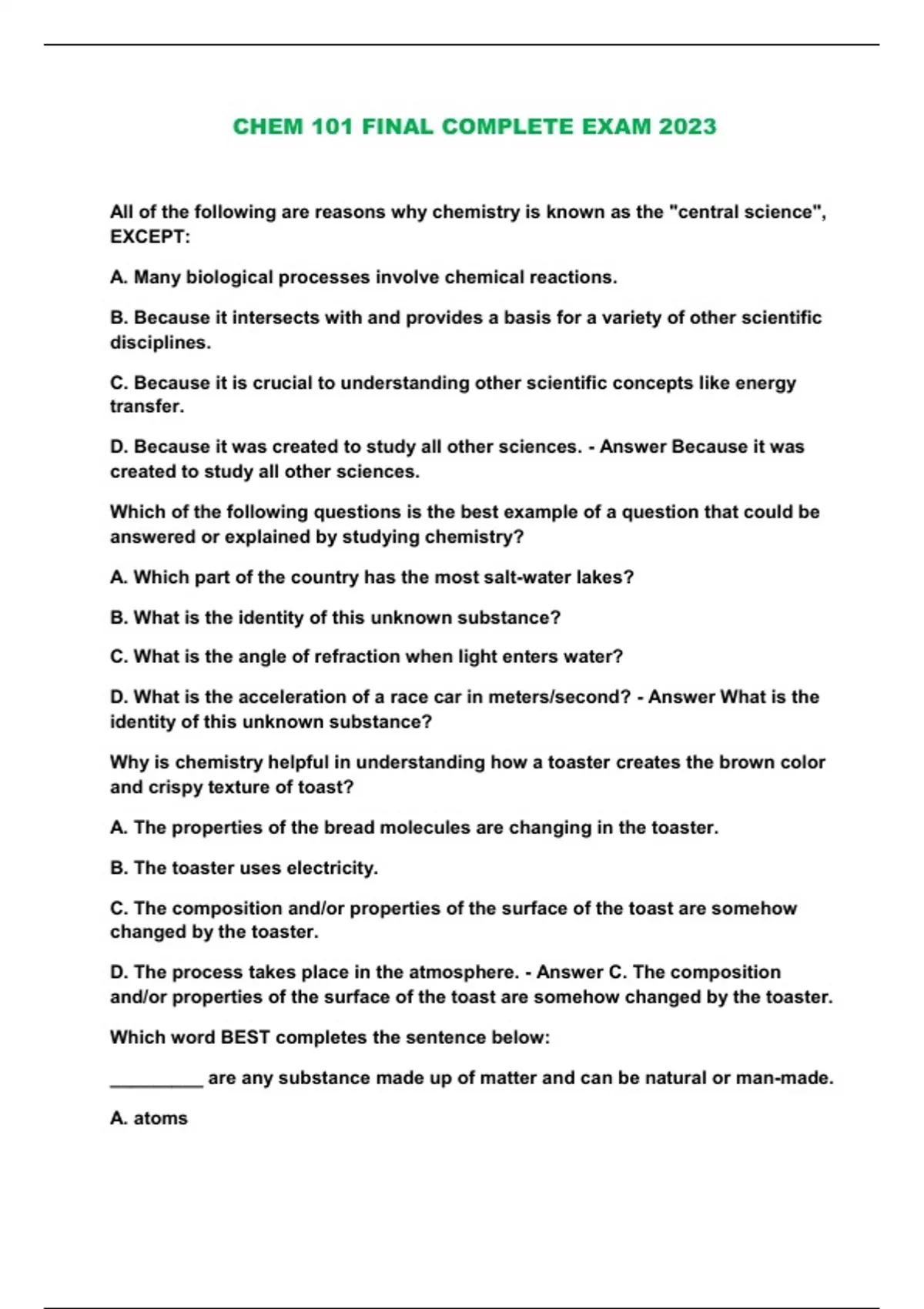 CHEM 101 FINAL COMPLETE EXAM 2023 - CHEM 101 - Stuvia US