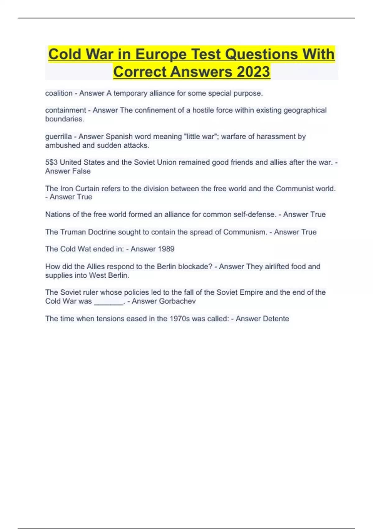 Cold War in Europe Test Questions With Correct Answers 2023 - Cold War ...