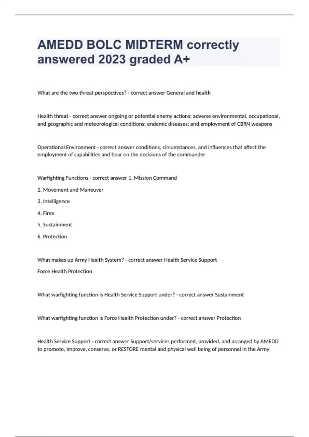 AMEDD BOLC MIDTERM correctly answered 2023 graded A+ - Amedd - Stuvia US