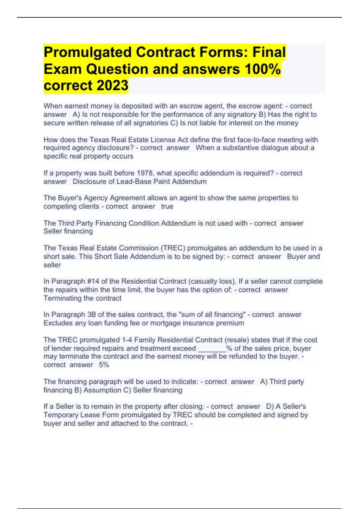 Promulgated Contract Forms: Final Exam Question and answers 100% ...