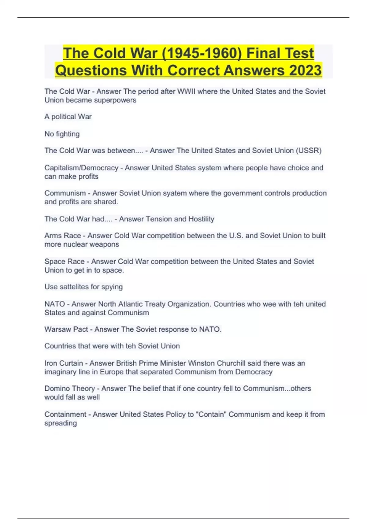 The Cold War () Final Test Questions With Correct Answers 2023 - Cold ...
