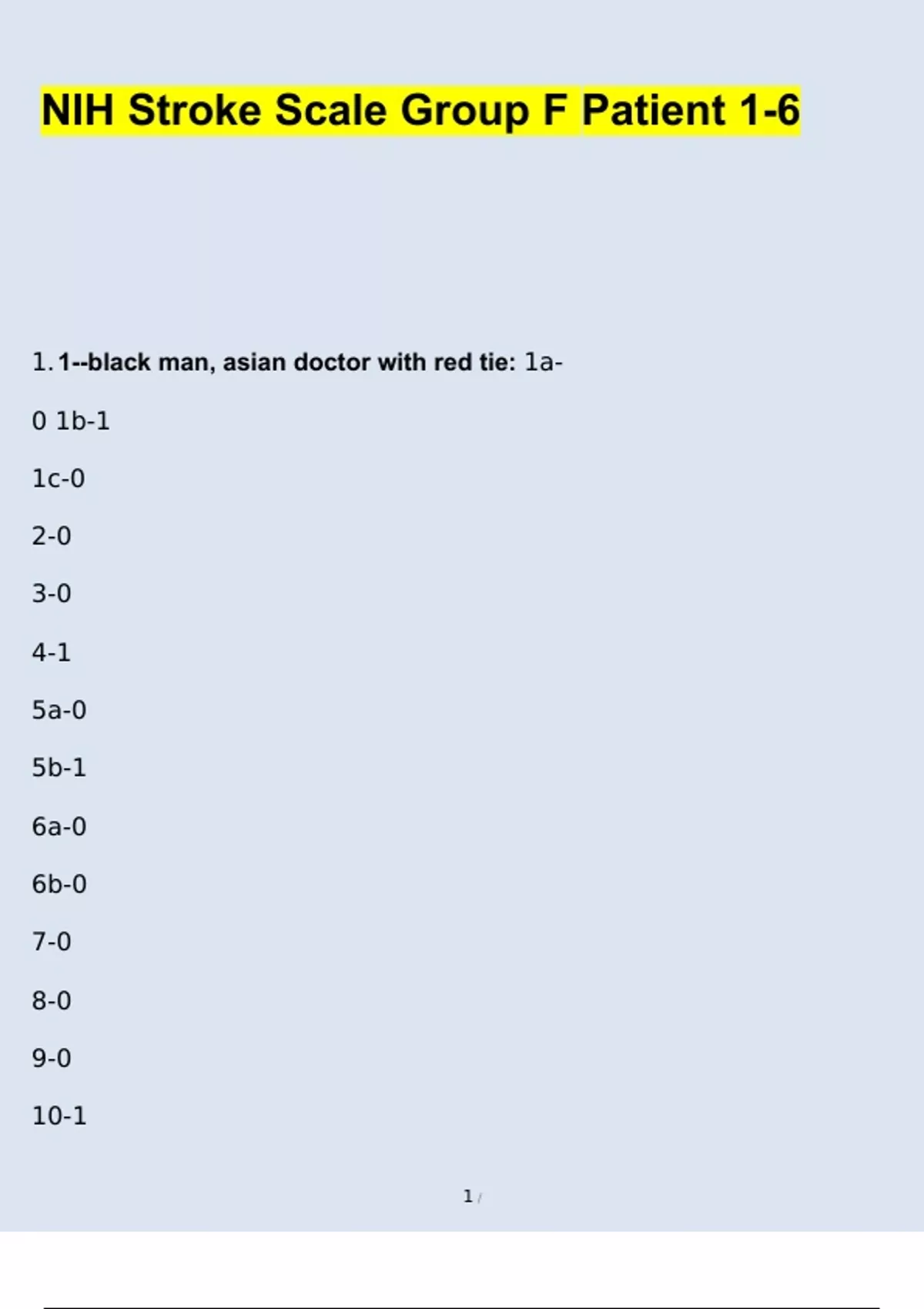Summary Nih Stroke Scale Group F Patient 1 6 Complete Answer Key Updated 2024 Nih Stroke Scale