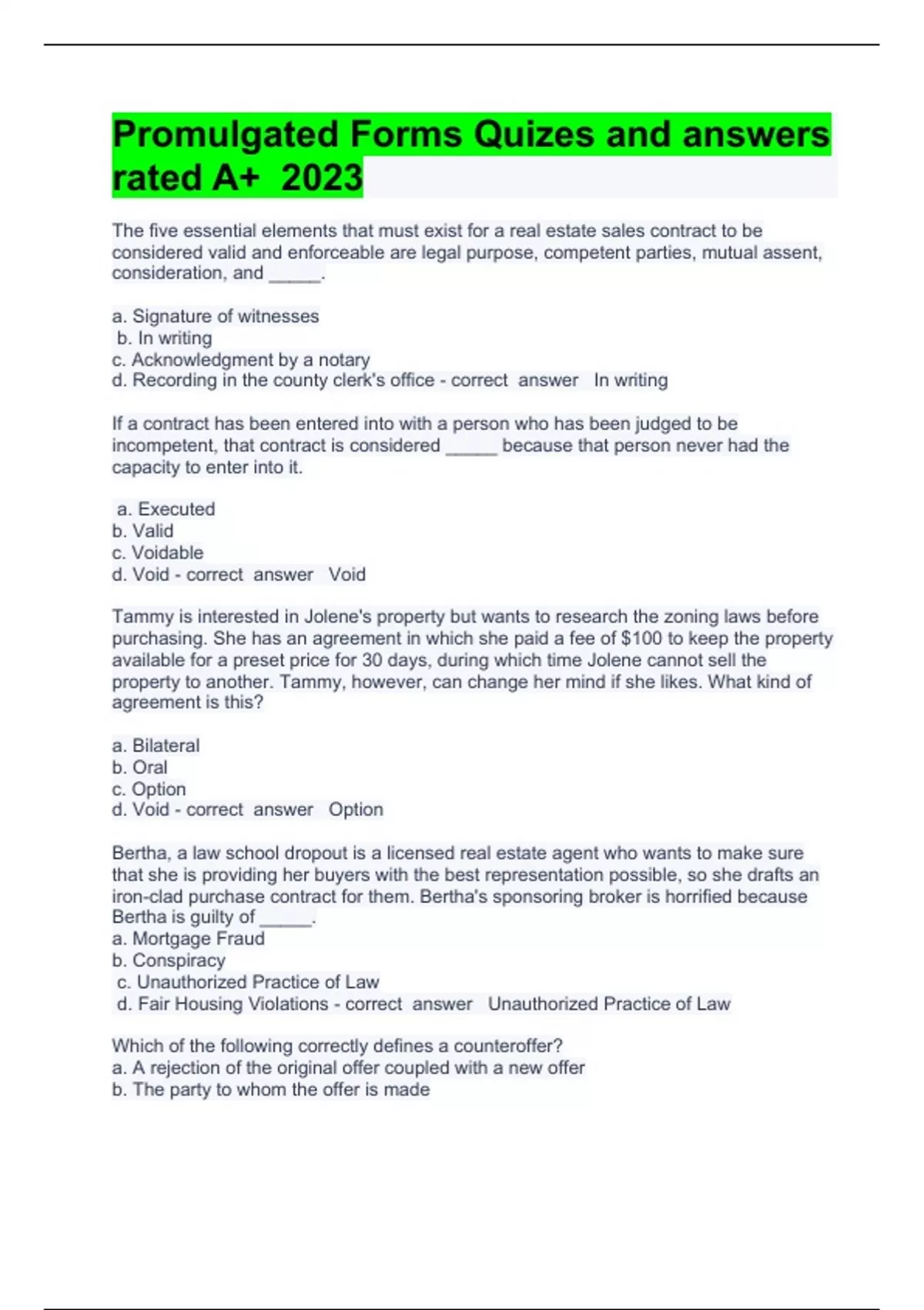 Promulgated Forms Quizes and answers rated A+ 2023 - Promulgated Forms ...