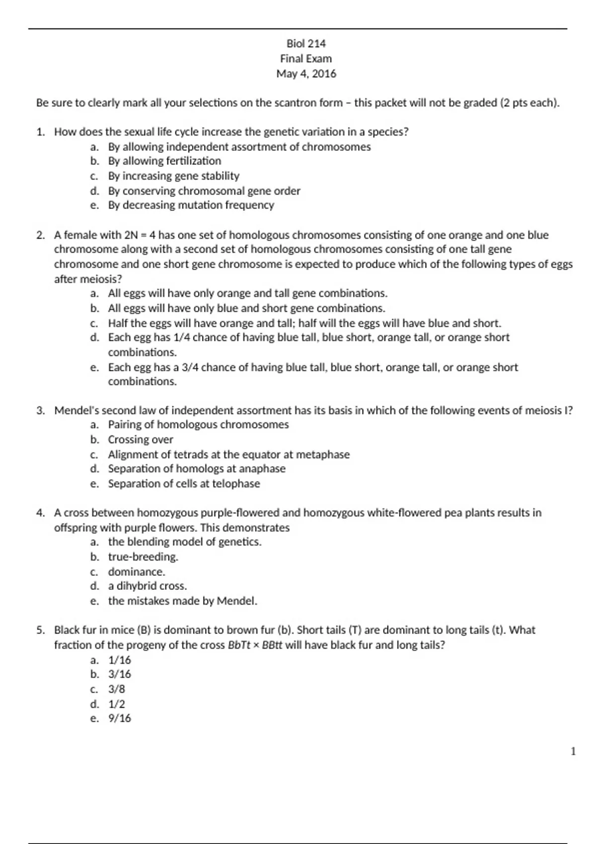 BIOL 214 Genes and Evolution Final Exam 4 (MULTIPLE CHOICE). - BIOL 214 ...