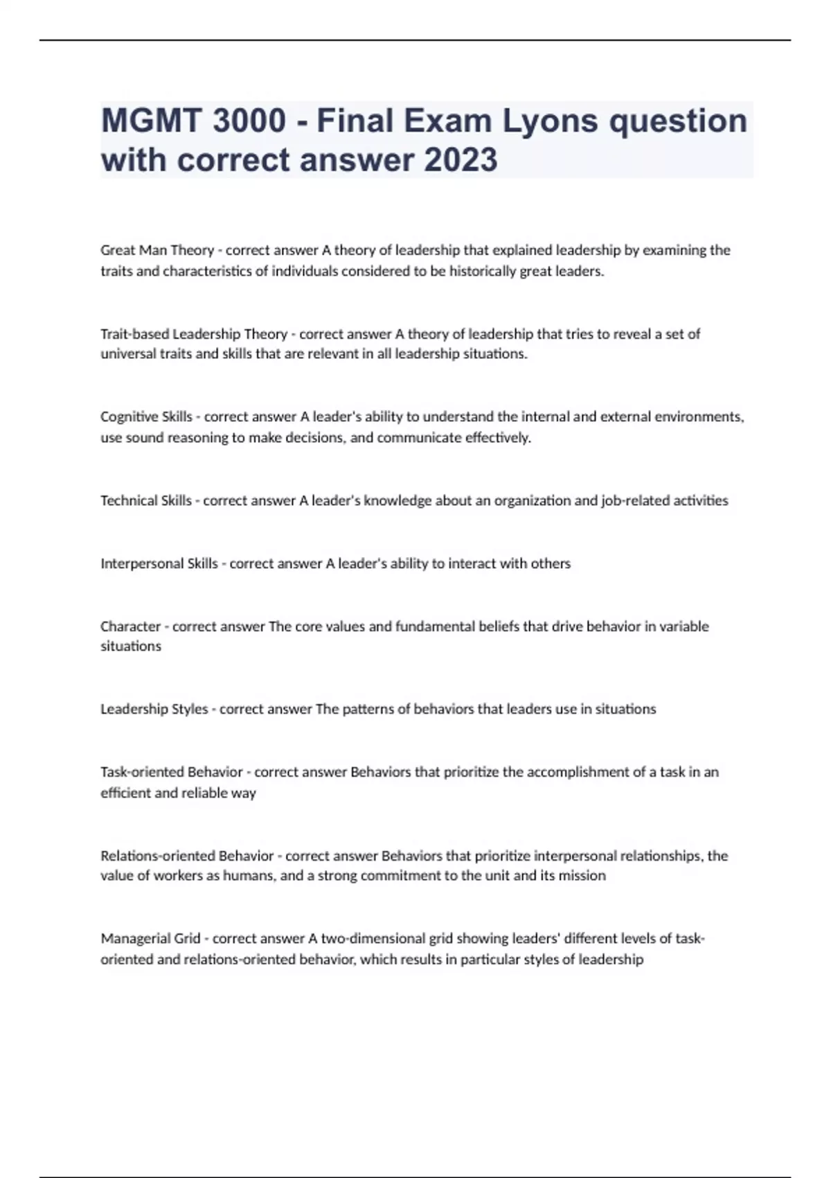 MGMT 3000 - Final Exam Lyons question with correct answer 2023 - MGMT - Stuvia US